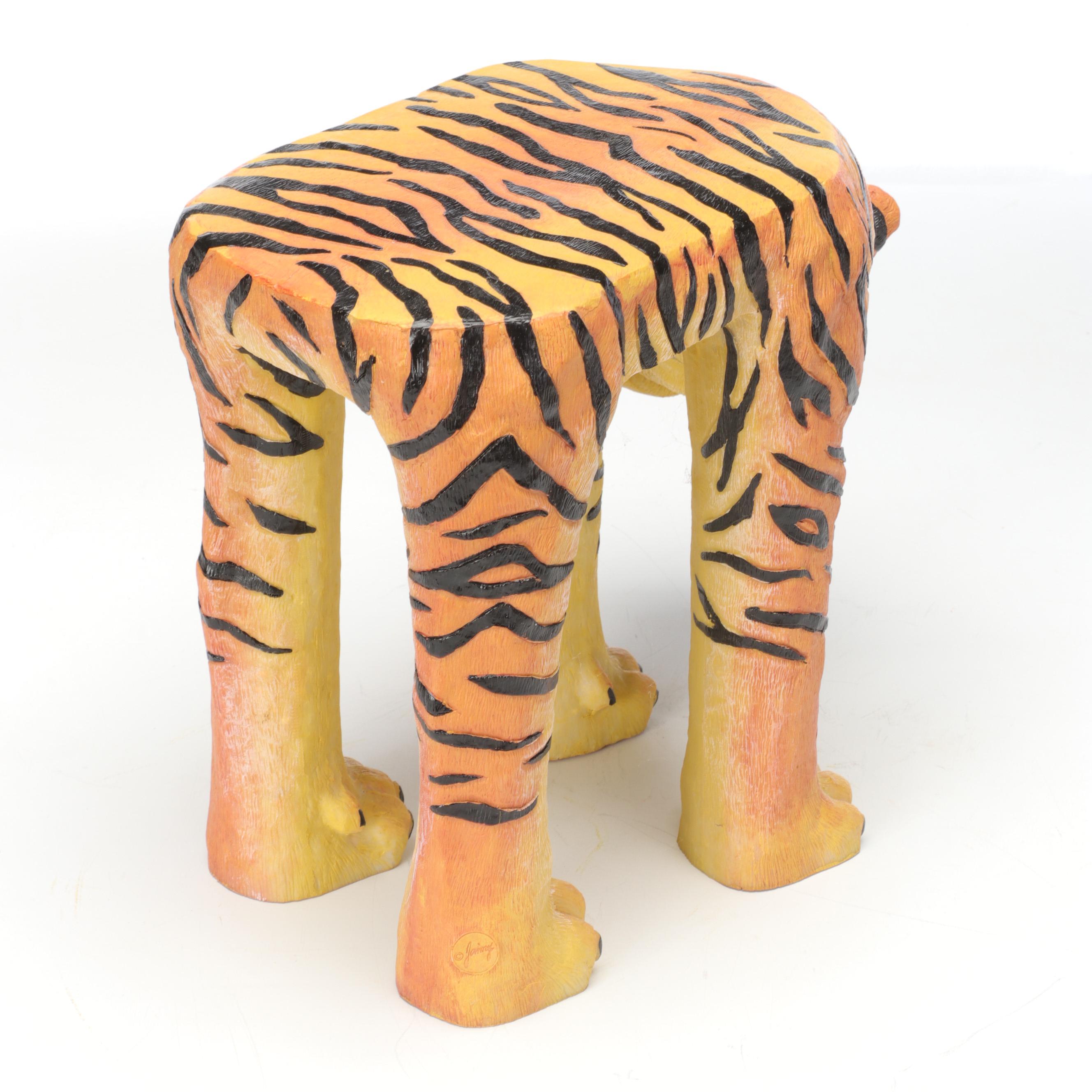 Resin Tiger Footstool with Needlepoint Tiger Pillow & Cubs Door Draft ...