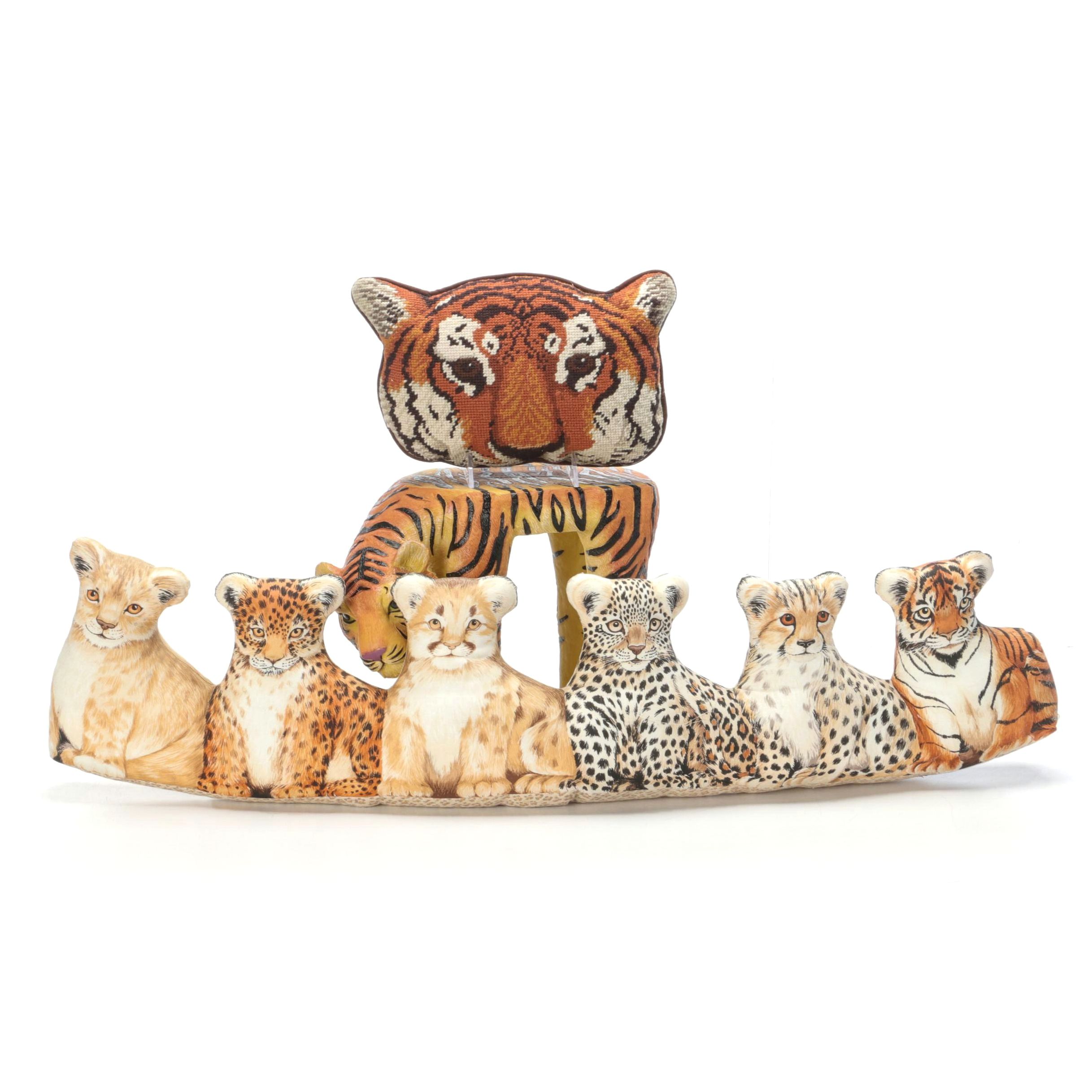 Resin Tiger Footstool with Needlepoint Tiger Pillow & Cubs Door Draft ...