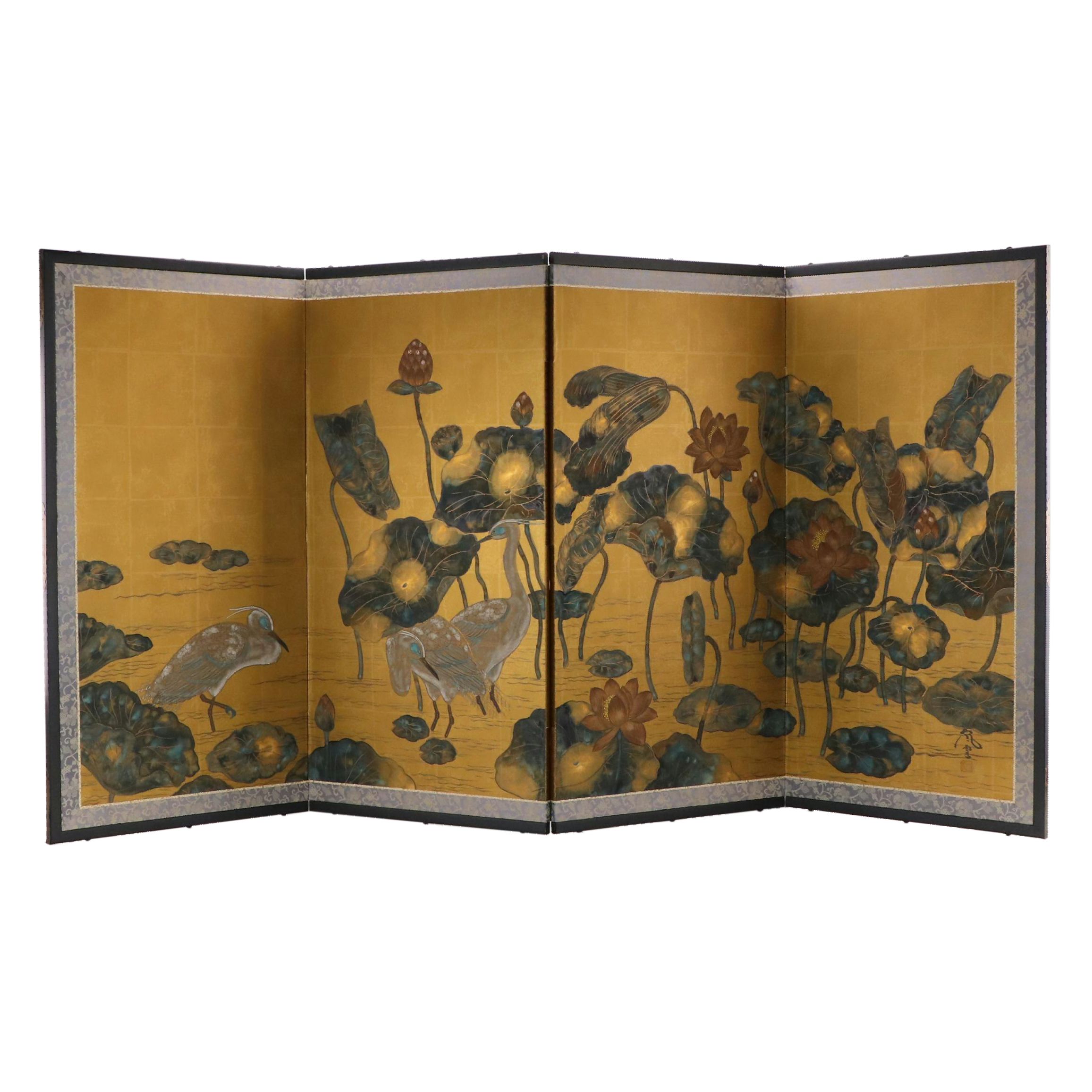 East Asian Folding Screen With Watercolor Painting of Birds and Flowers ...