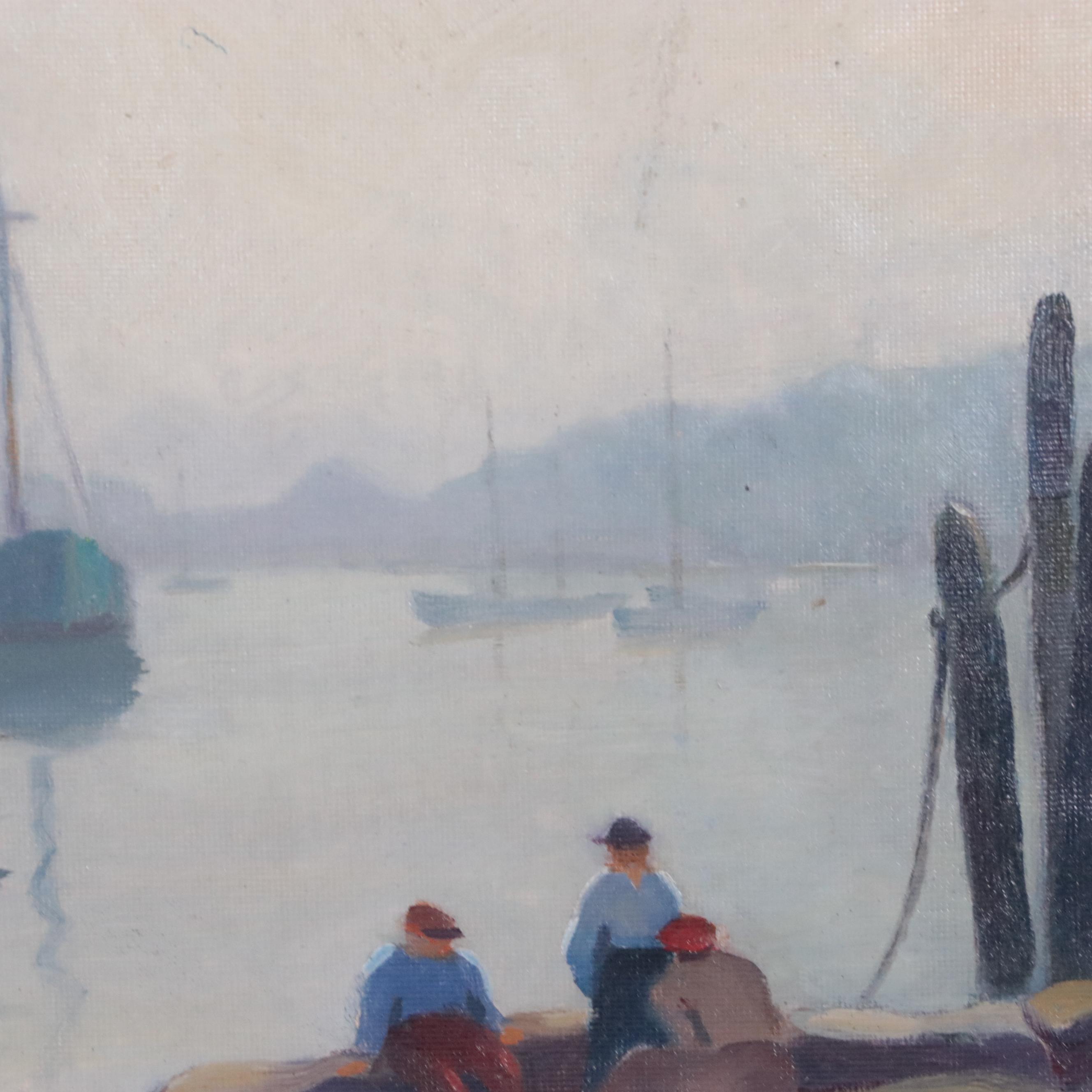 Kay Kellogg Oil Painting of Coastal Seascape with Docks, Boats, and ...