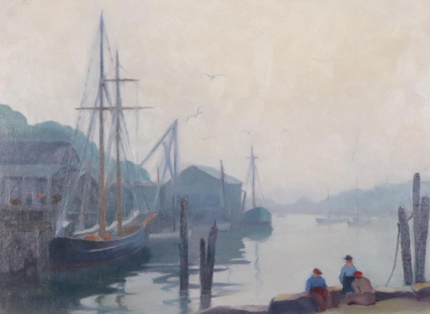 Kay Kellogg Oil Painting of Coastal Seascape with Docks, Boats, and ...