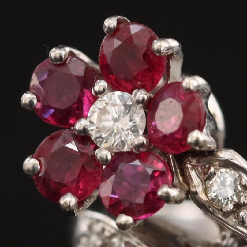 14K Diamond and Ruby Flower Bypass Ring | EBTH