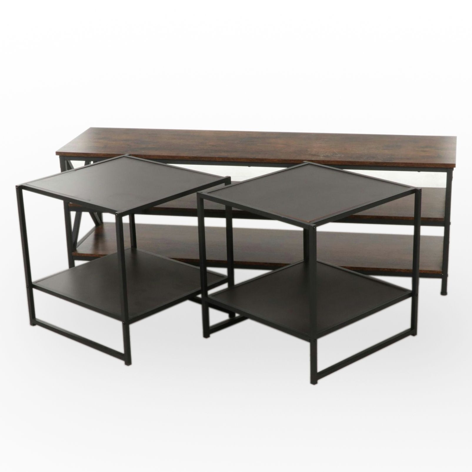 Industrial Style Wood-Grain Tiered Media Console Table with Two Metal End Tables | EBTH