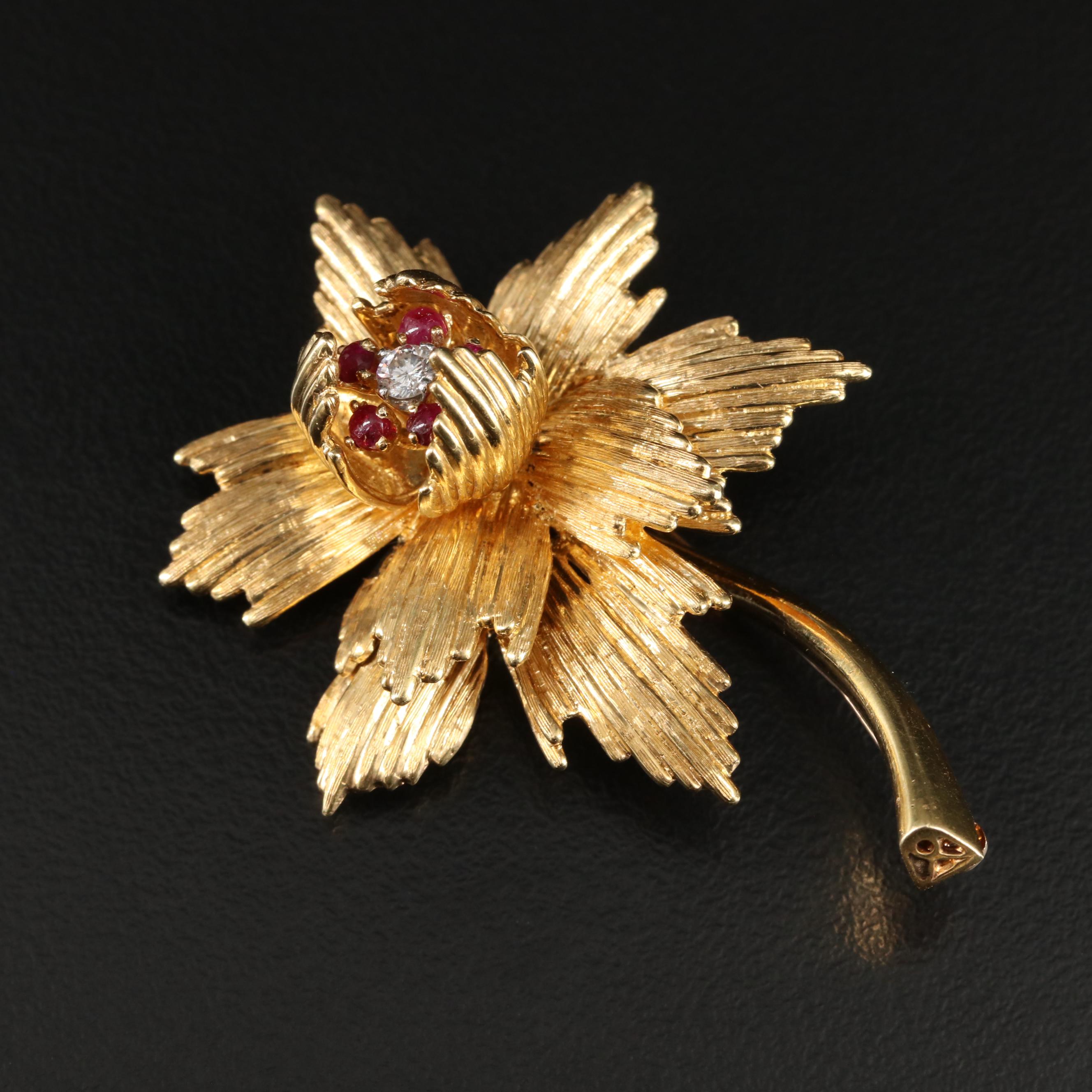 18K Diamond and Ruby Flower Brooch | Everything But The House