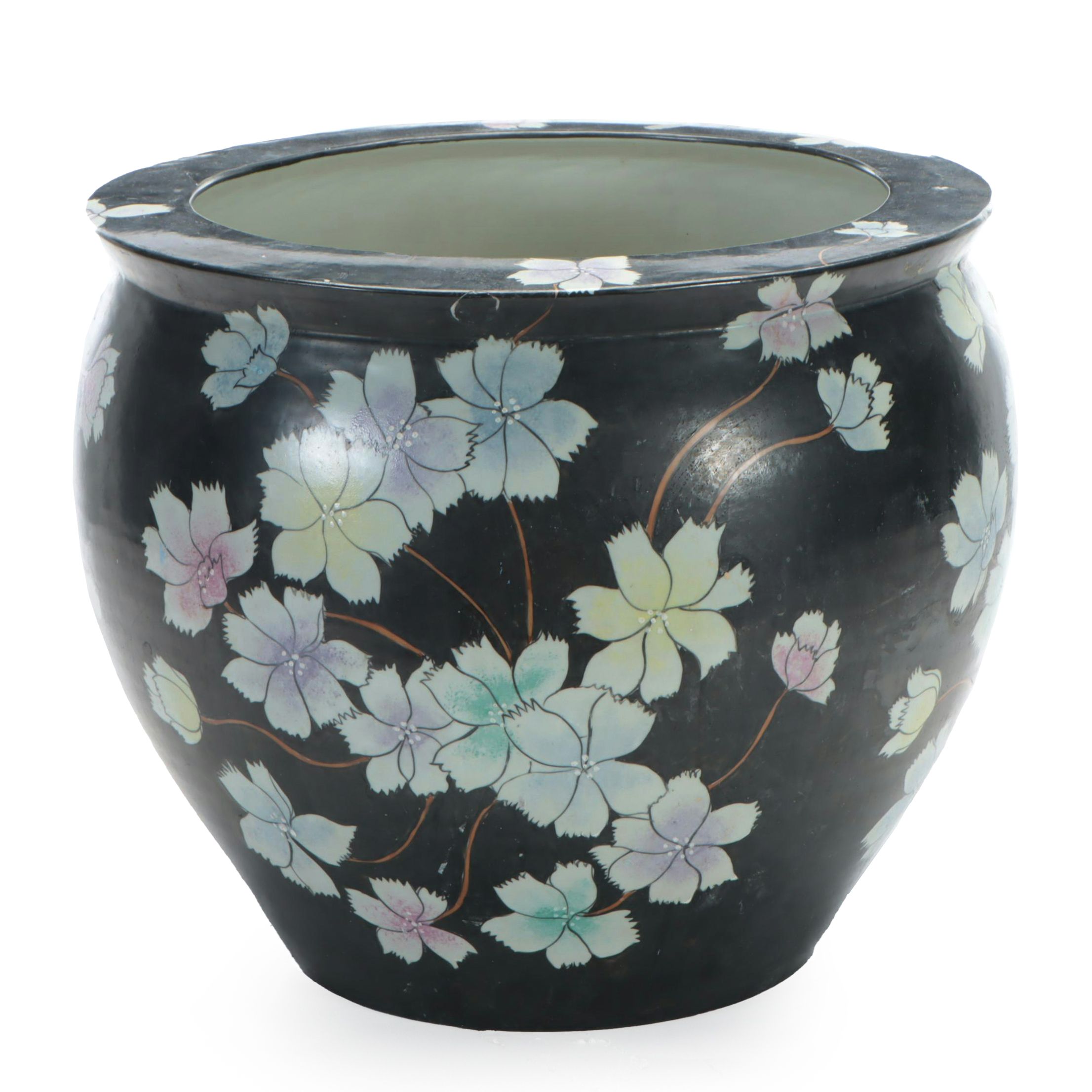 Chinese Famille Noir Ceramic Fishbowl Planter | EBTH