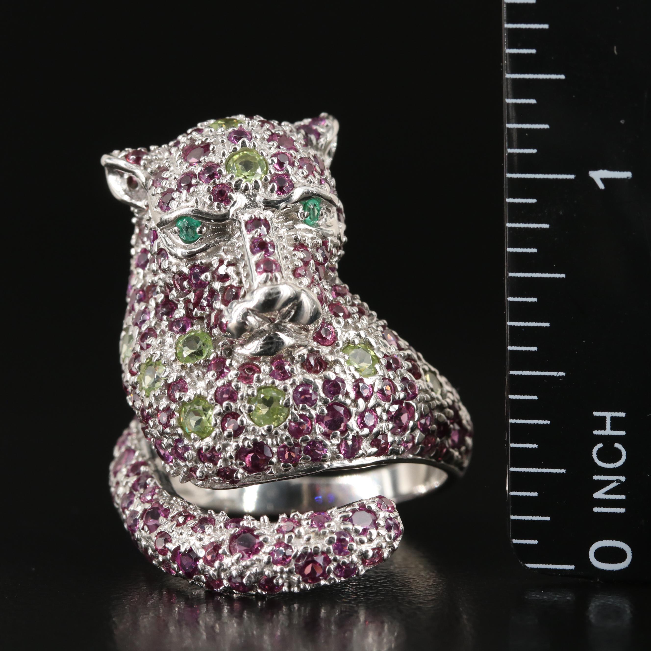 Sterling Bypass Feline Ring Including Garnet, Peridot and Emerald ...