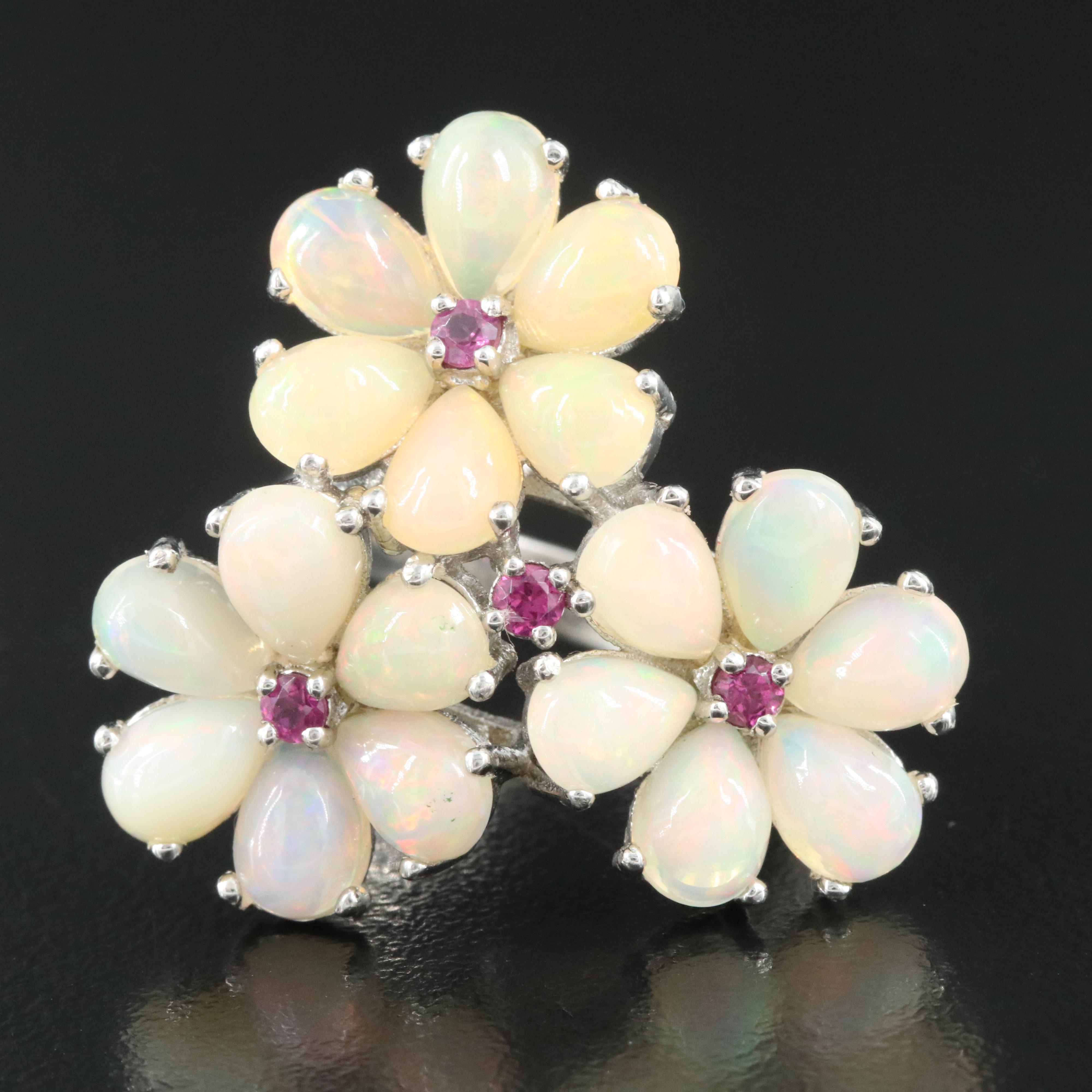 Sterling Opal and Rhodolite Garnet Flower Ring | EBTH