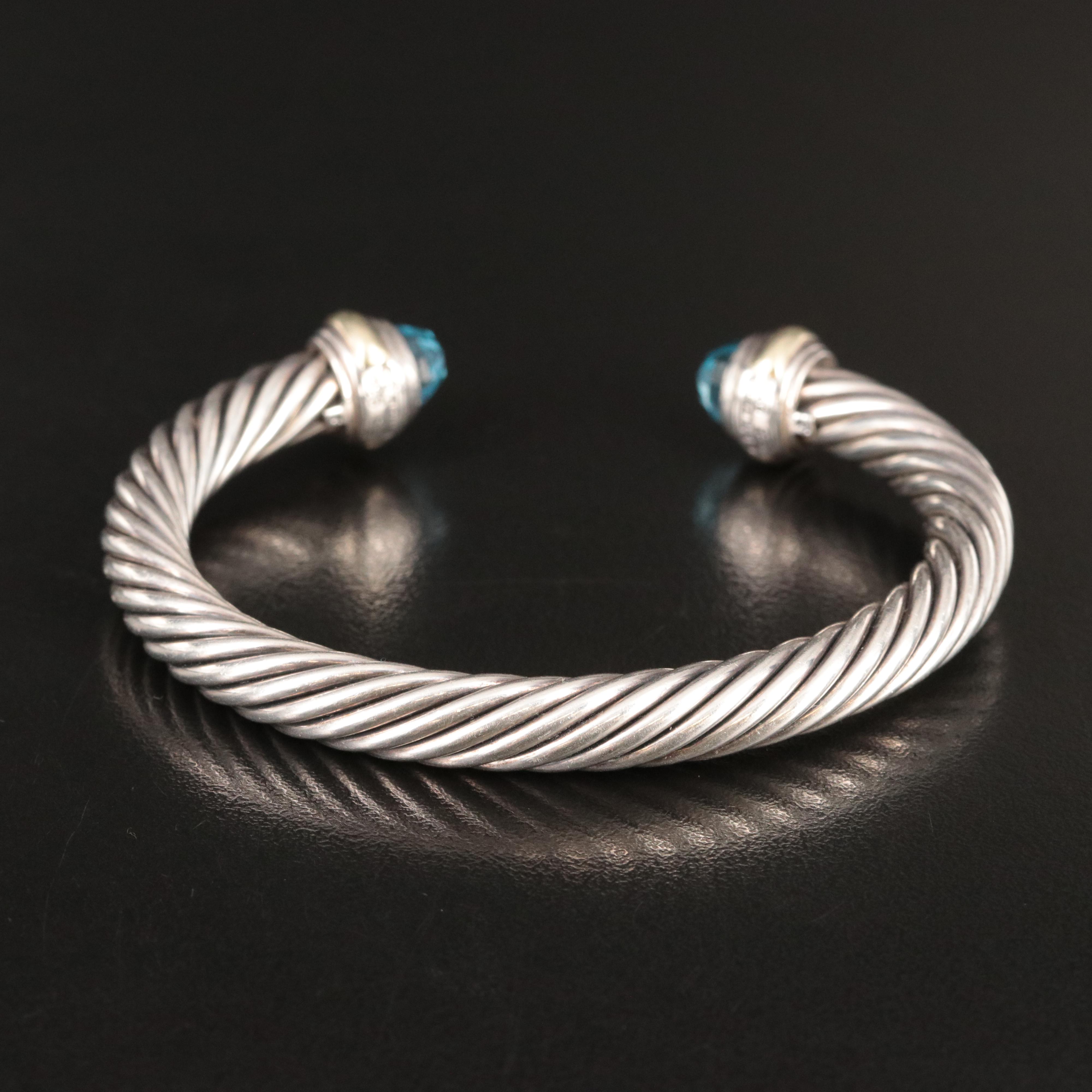 David Yurman Sterling and Blue Topaz Cable Cuff Bracelet with 14K ...