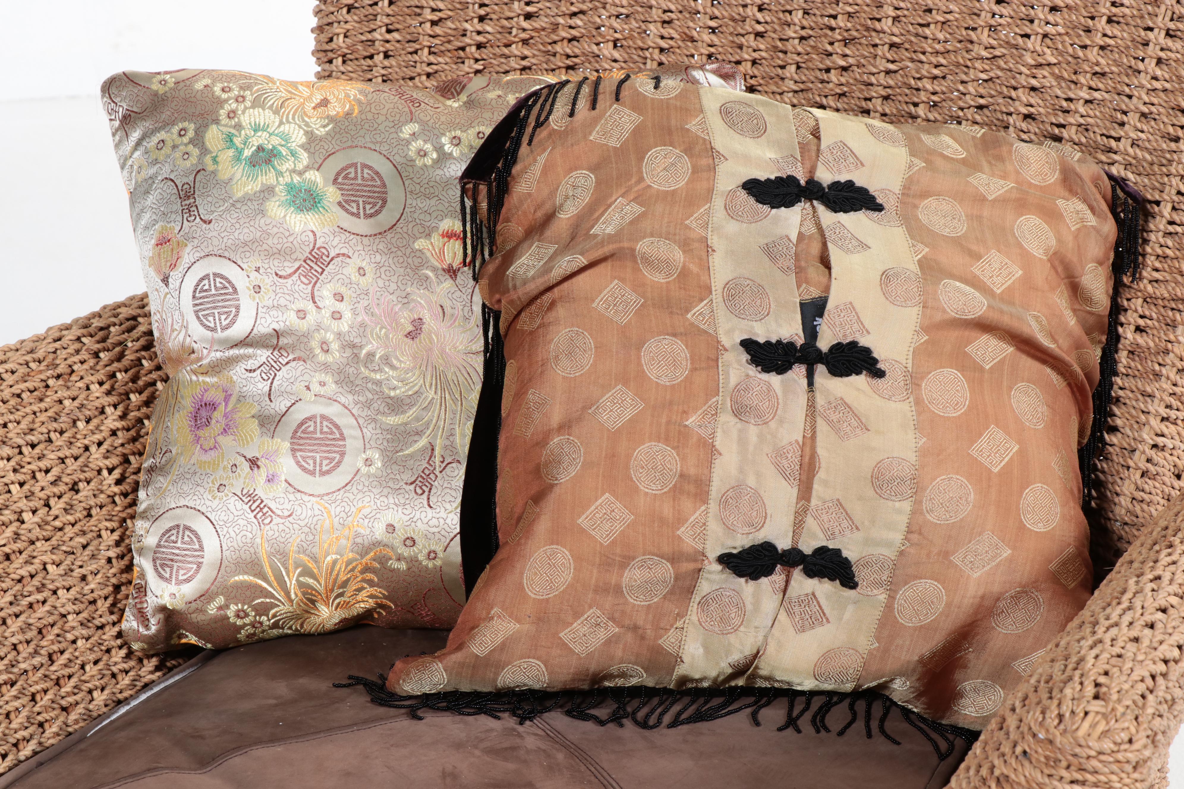 Wicker Armchair with Storage Ottoman and Throw Pillows | EBTH