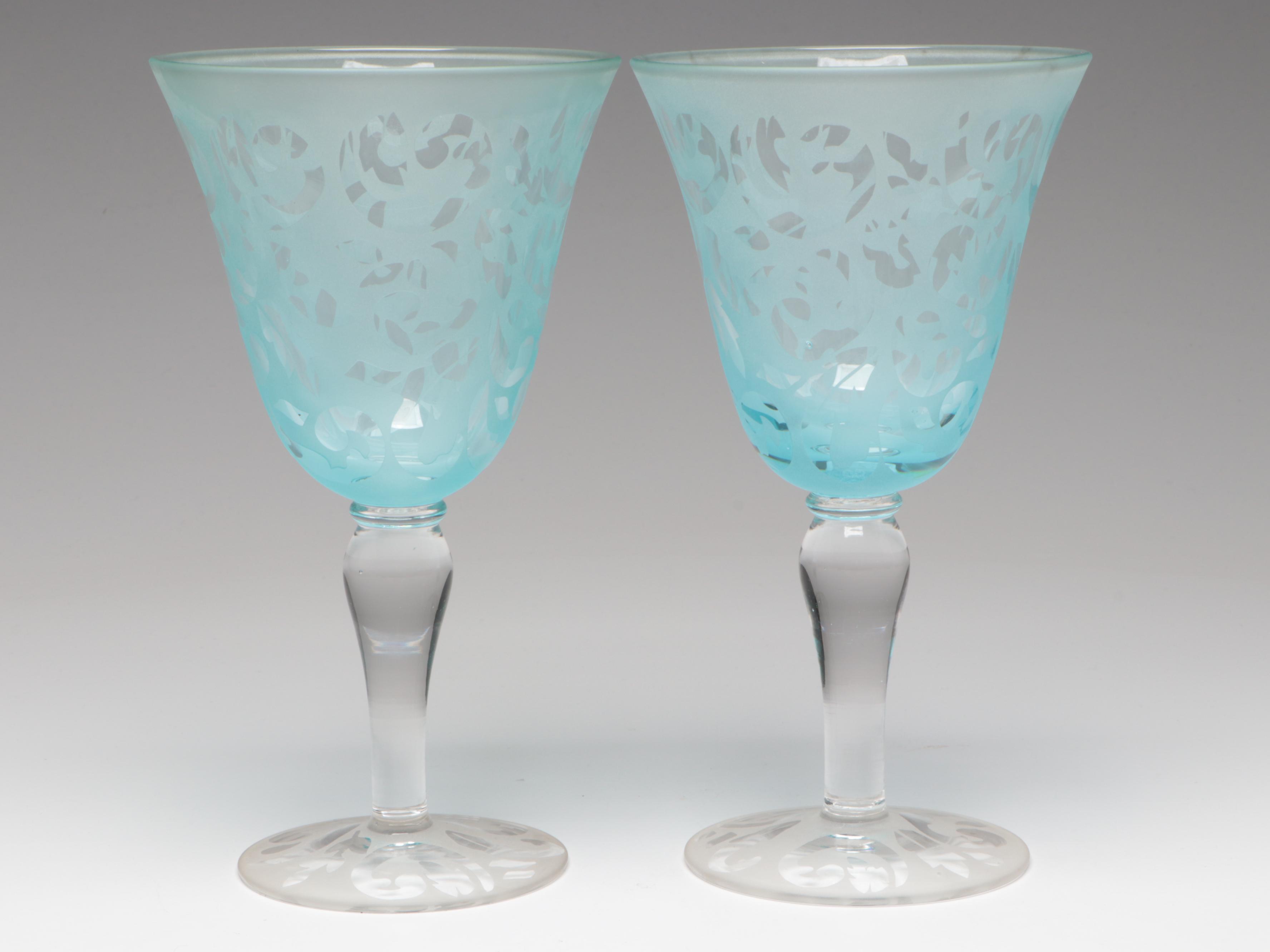 Michael Weems Acid-Etched Aqua Water Goblets, 2003-2010 | EBTH