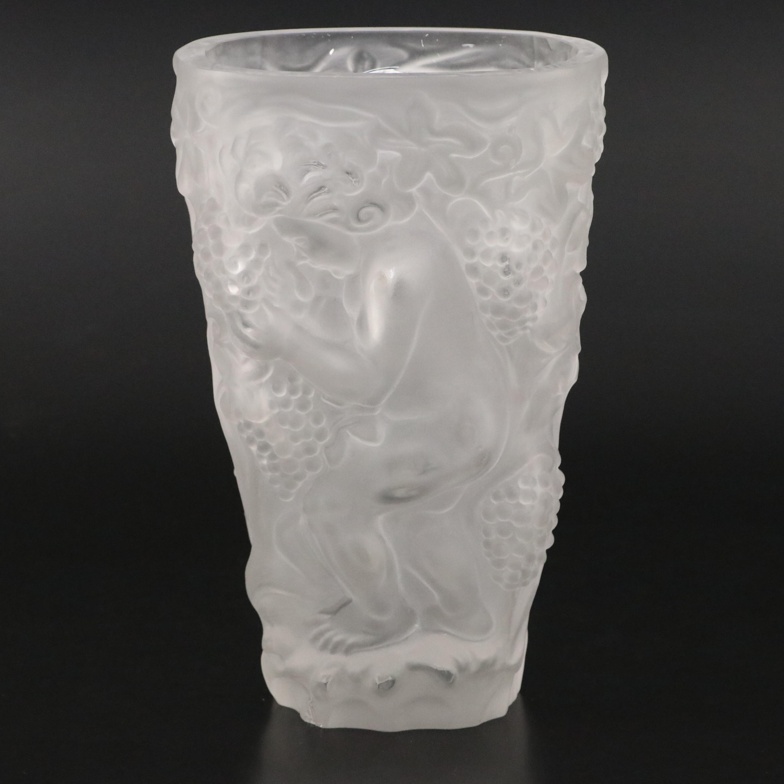 Czech Barolac Style Frosted Glass Vase with Cherub and Grapes Motif | EBTH
