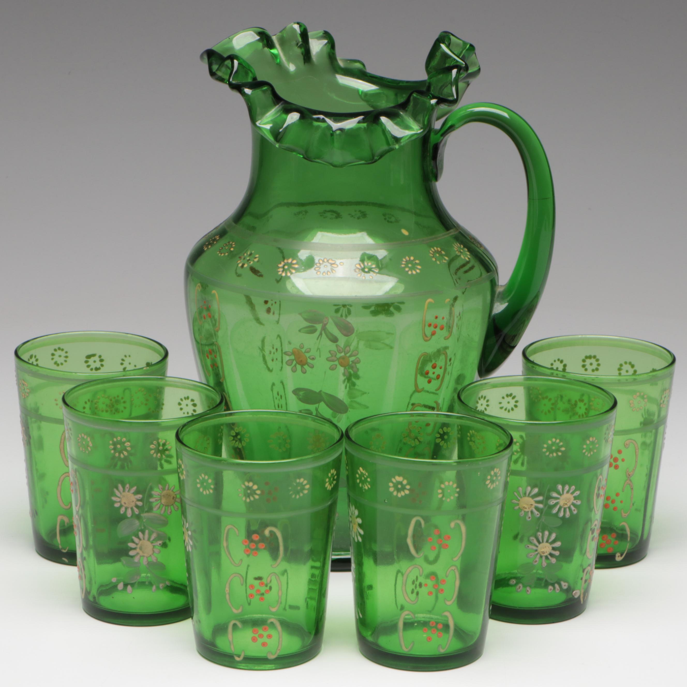 Victorian Hand-Painted Enameled Green Glass Lemonade Set | EBTH