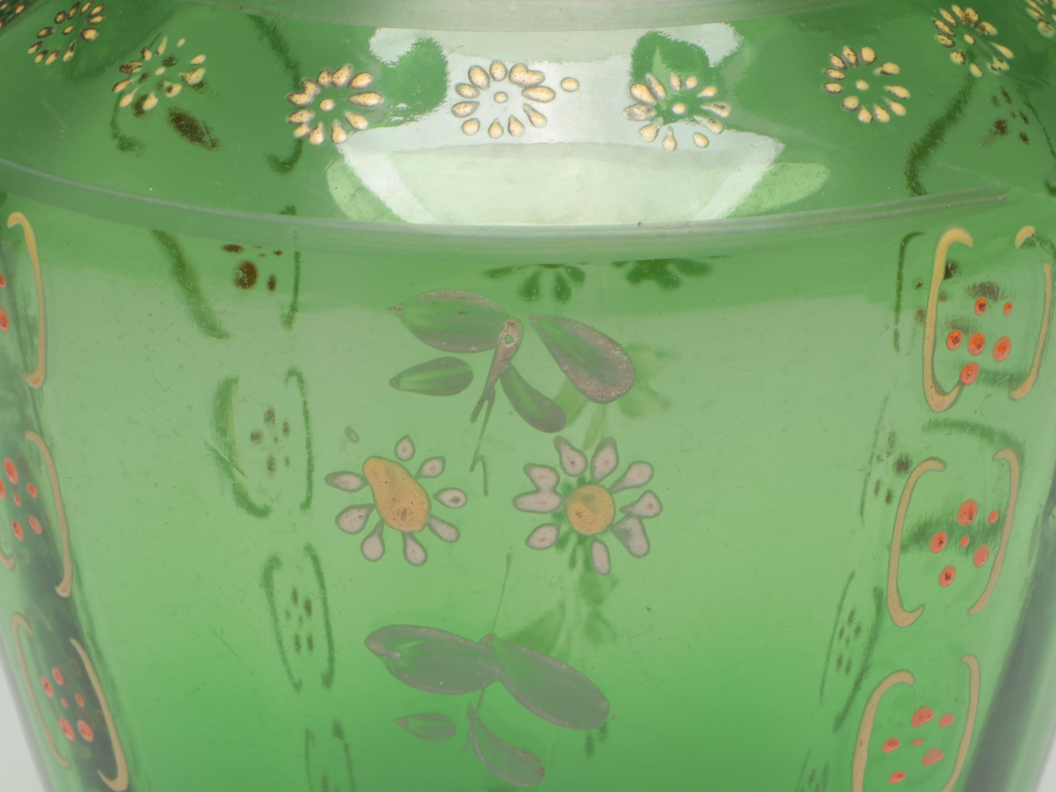 Victorian Hand-Painted Enameled Green Glass Lemonade Set | EBTH