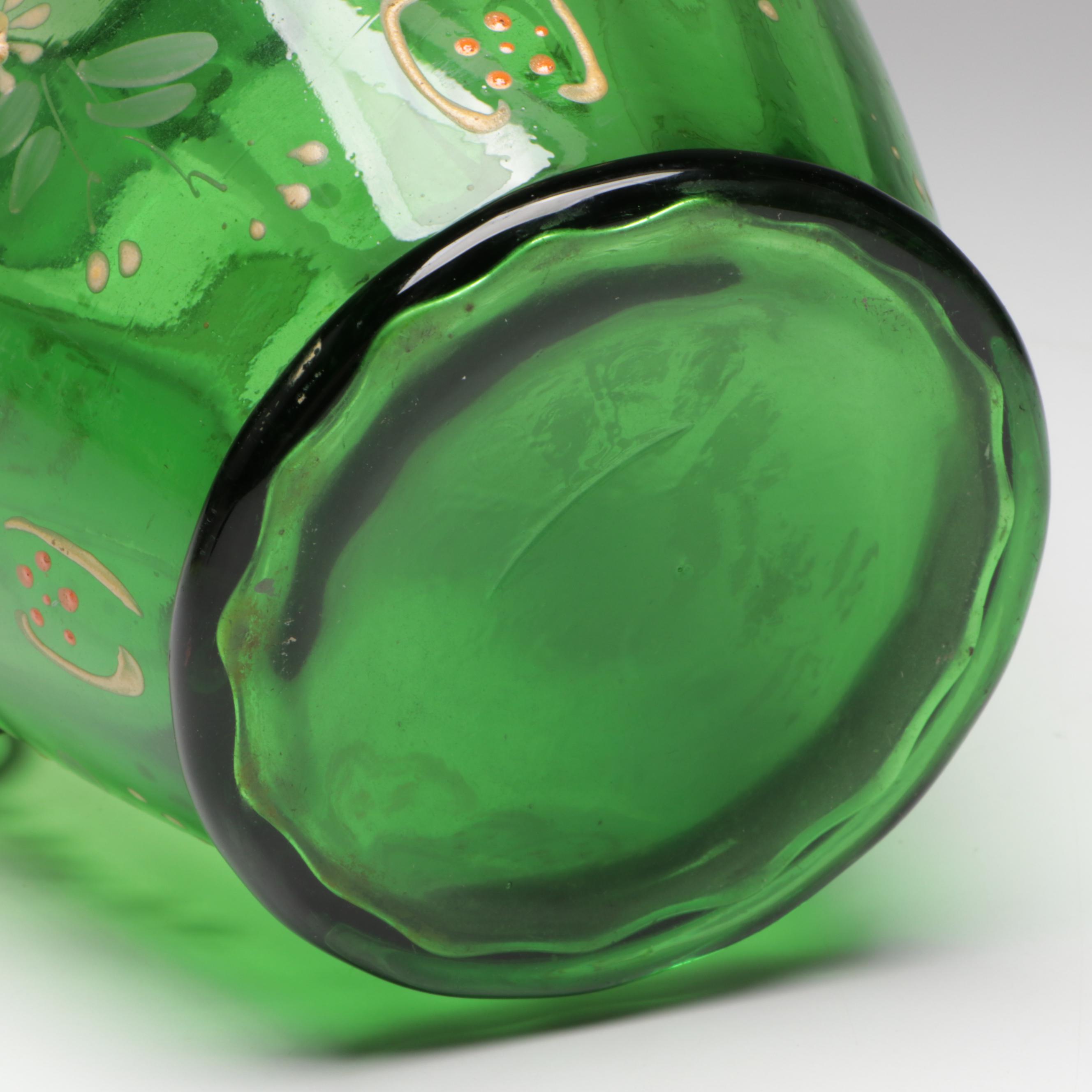 Victorian Hand-Painted Enameled Green Glass Lemonade Set | EBTH