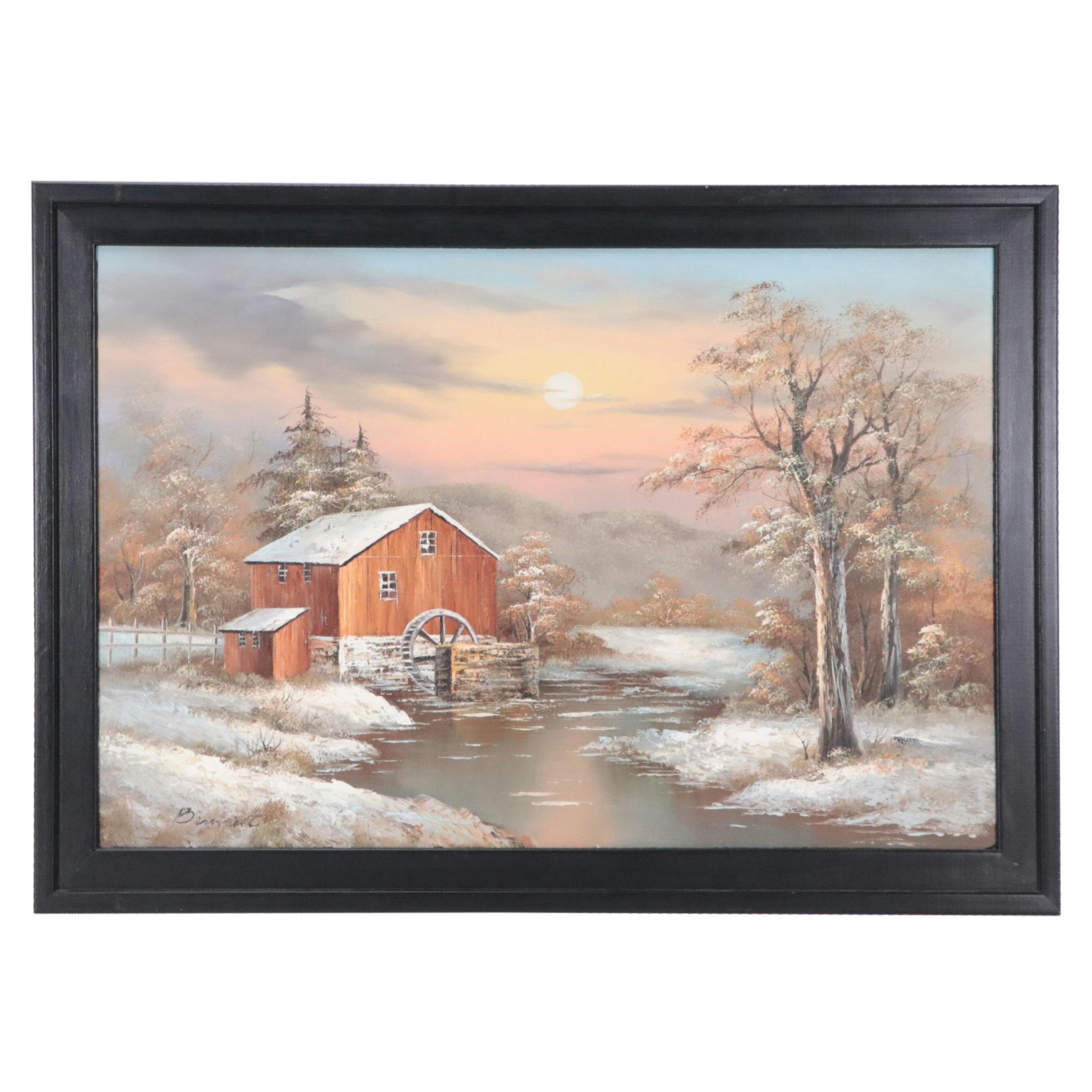 Bennett Oil Painting of Winter Landscape with Barn and Watermill | EBTH