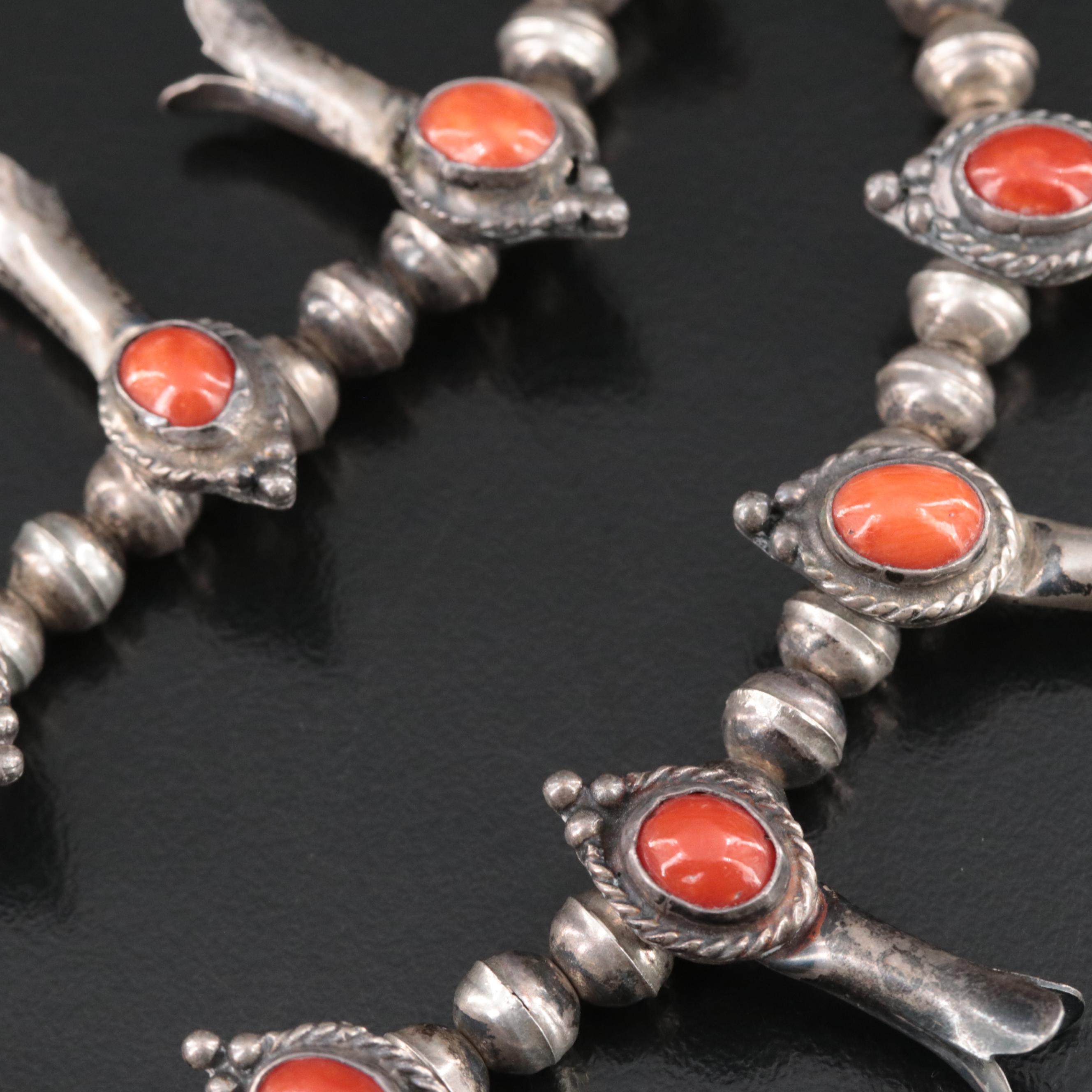 Southwestern Sterling Coral Squash Blossom Necklace | EBTH