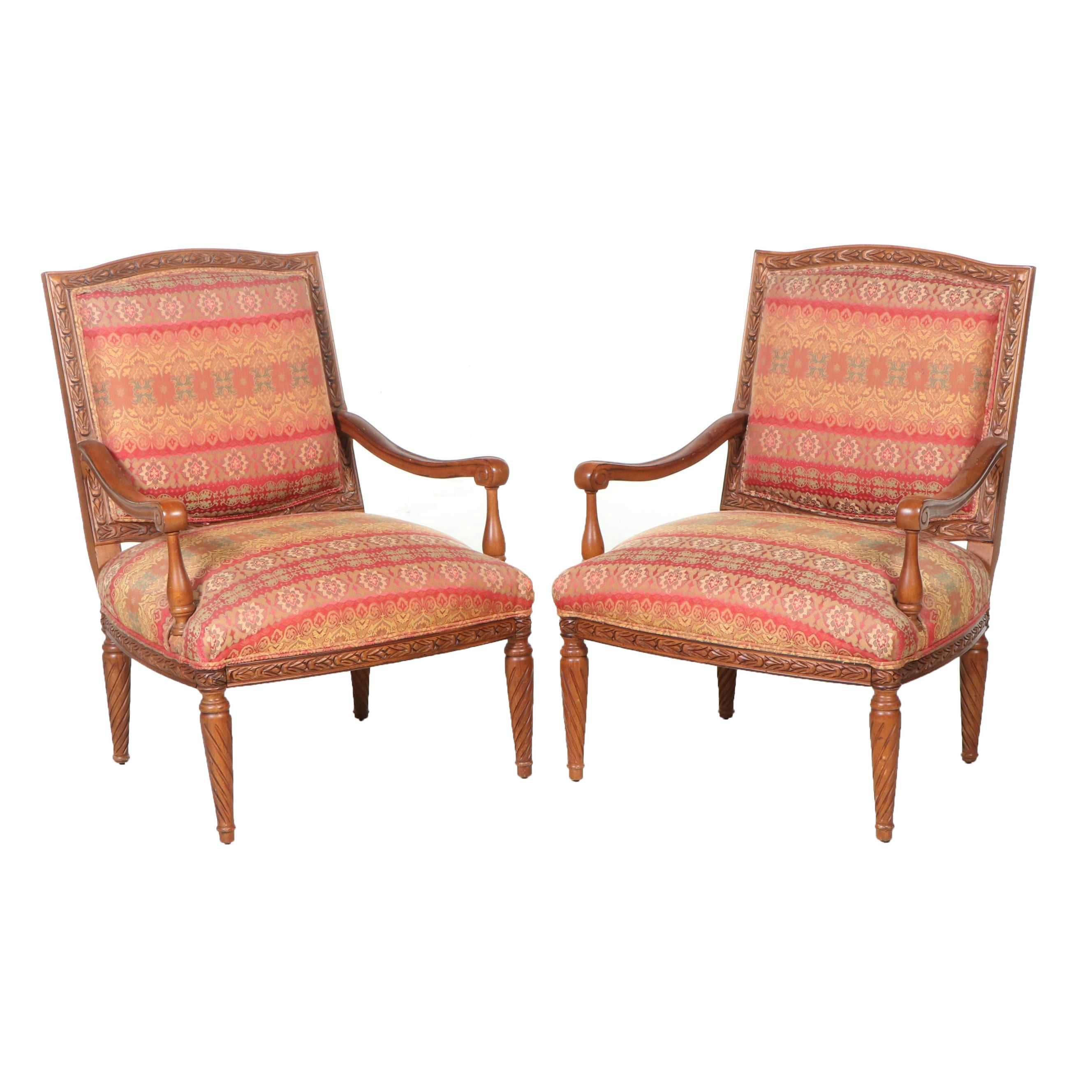 Pair of Sam Moore Furniture Upholstered Carved Wood Armchairs | EBTH