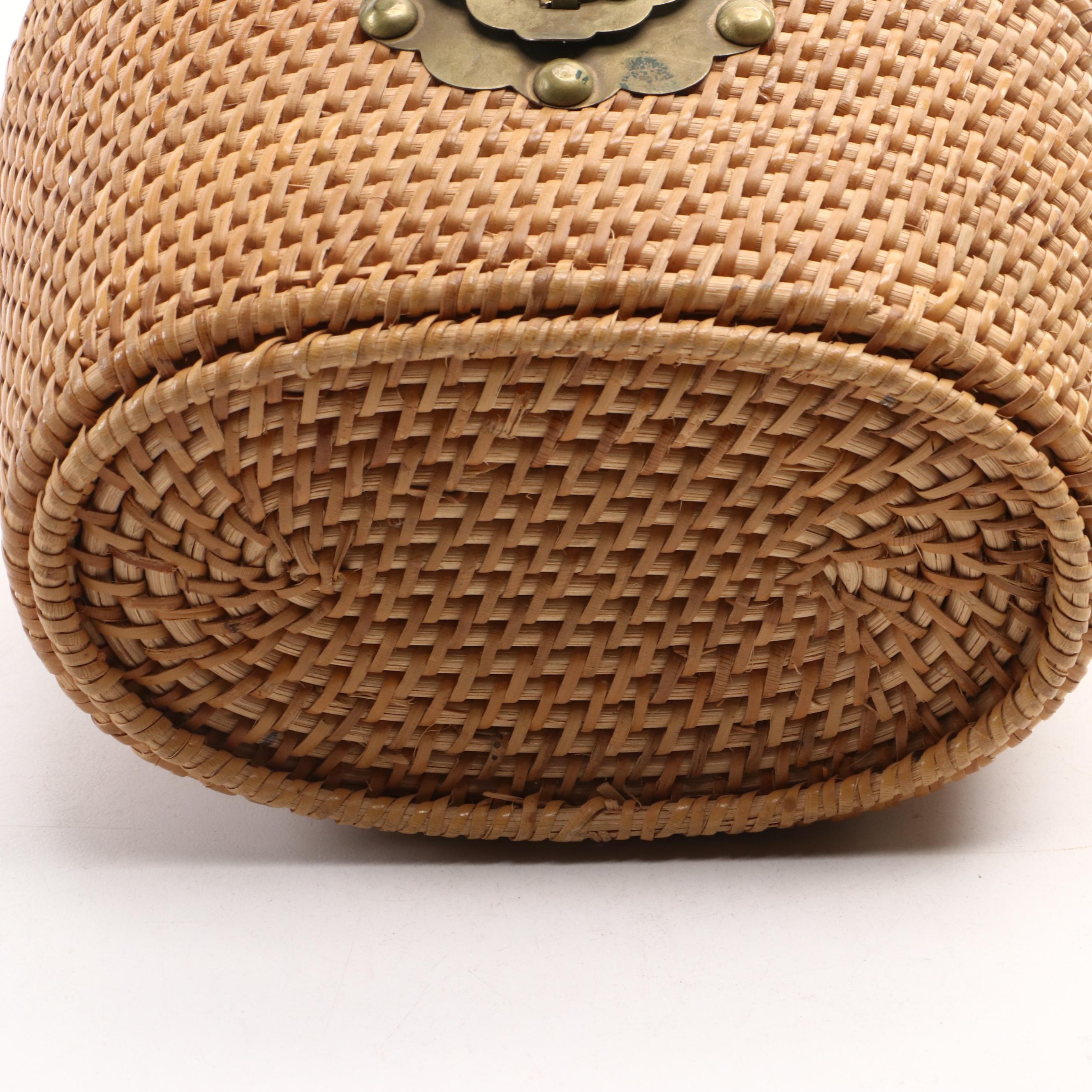 Chinese Brass Mount Woven Wicker Basket with Ceramic Lion Head Plaque ...