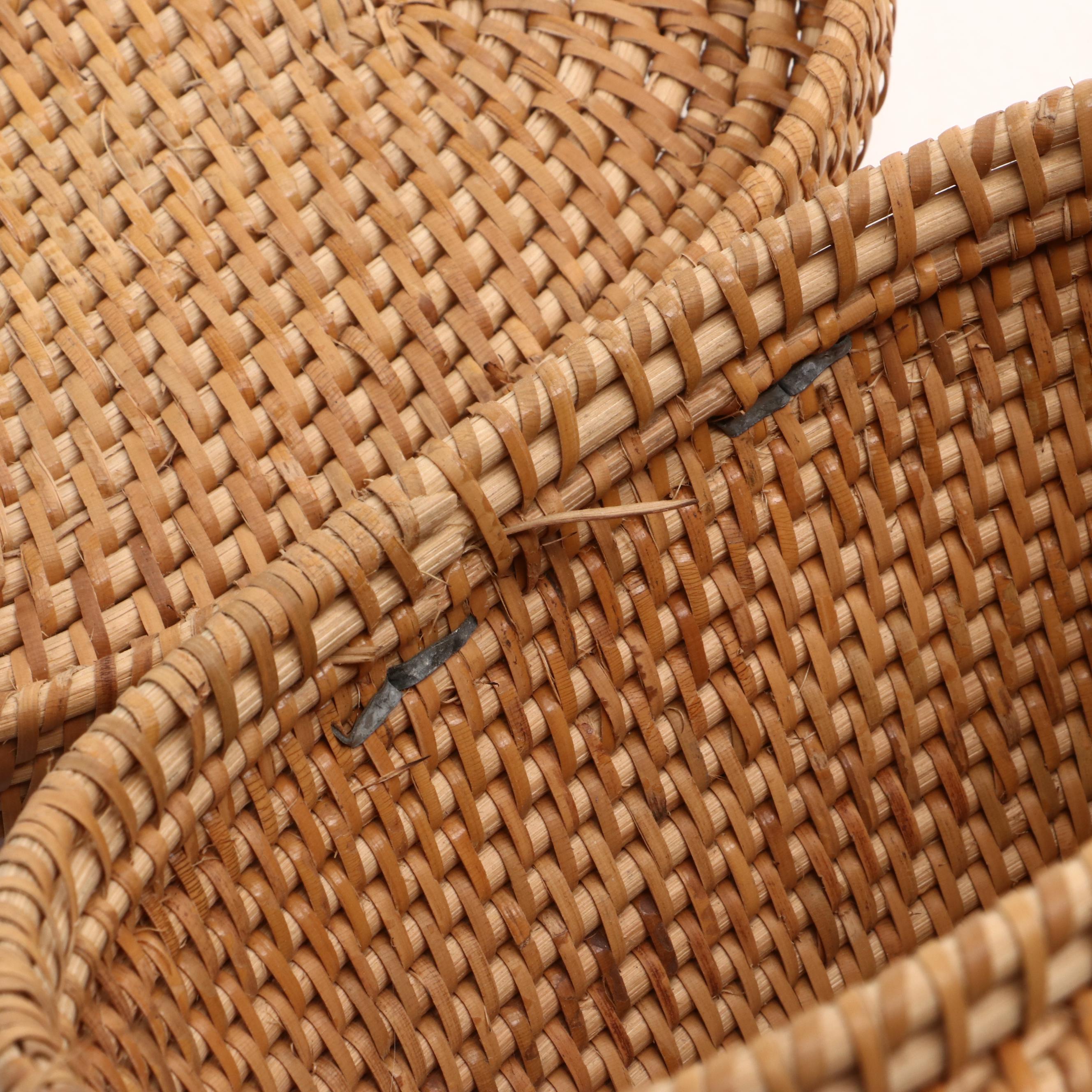 Chinese Brass Mount Woven Wicker Basket with Ceramic Lion Head Plaque ...