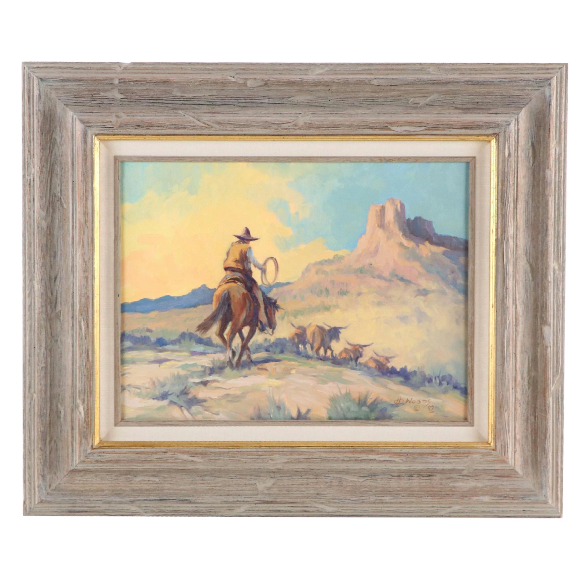 Jack D. Woods Western Genre Oil Painting "Been a Long Day," 1991 | EBTH