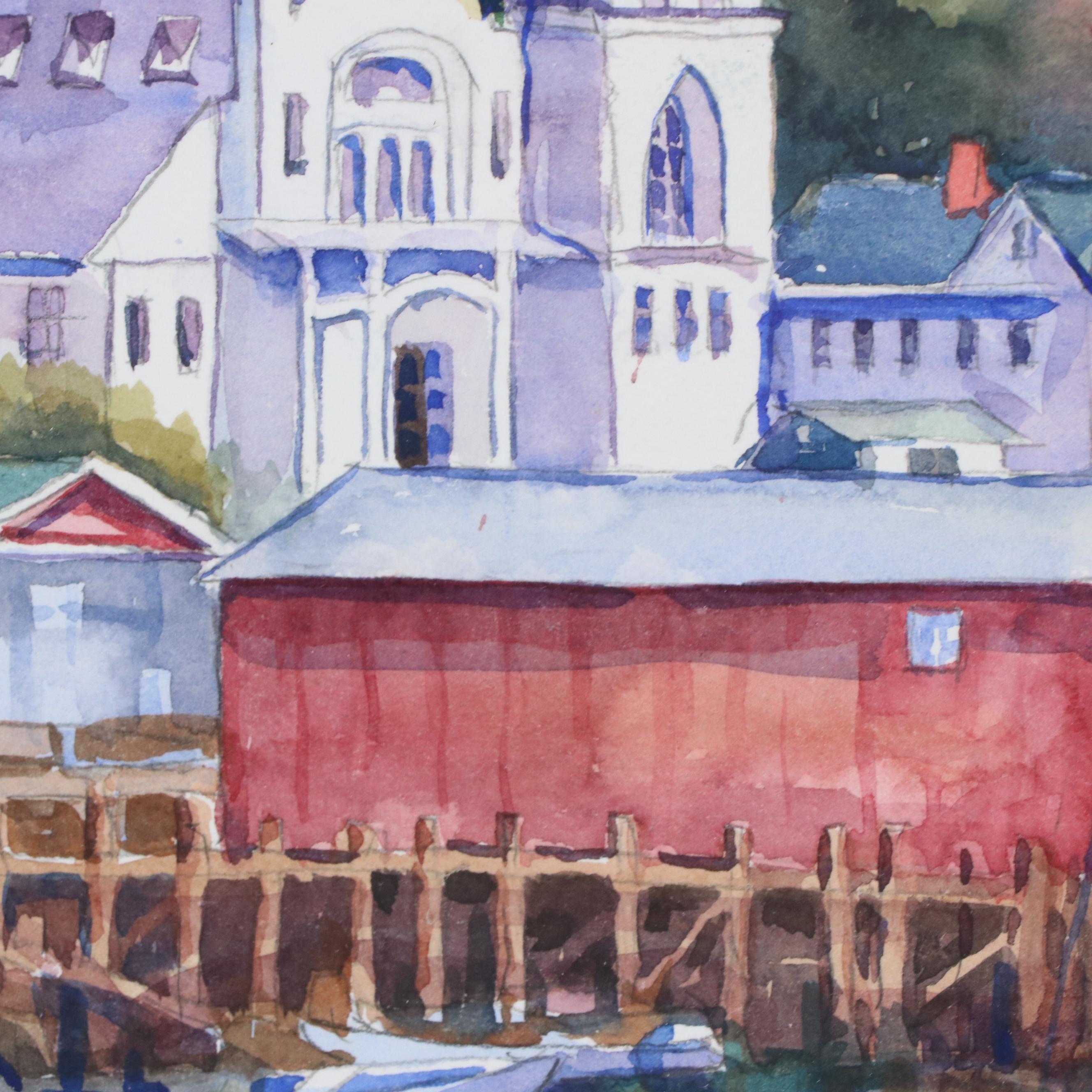 Walter Knestrick Watercolor Painting of Coastal Landscape with Harbor ...