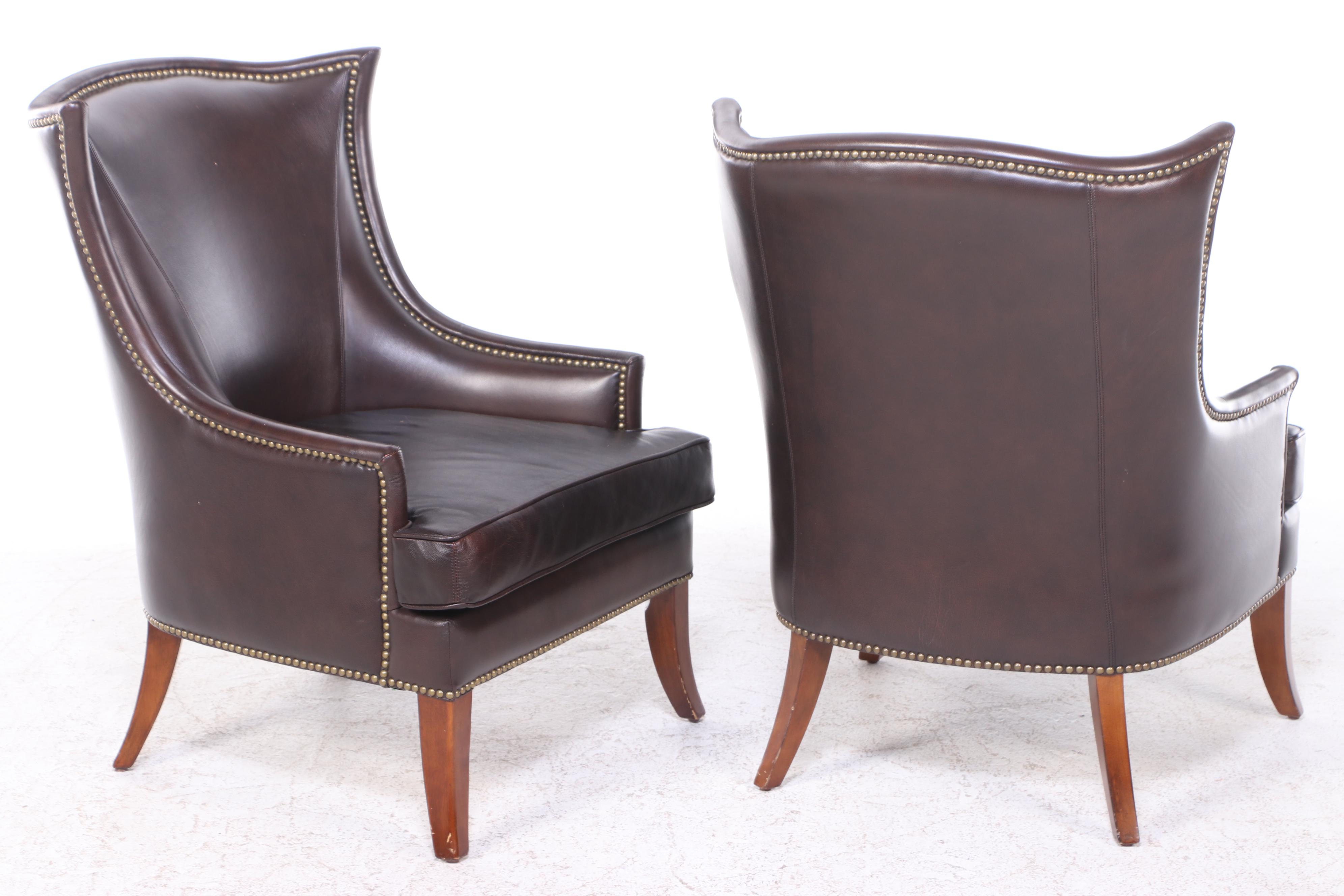 Pair of Bombay Company Leather Demi-Wing Armchairs with Nailheads ...