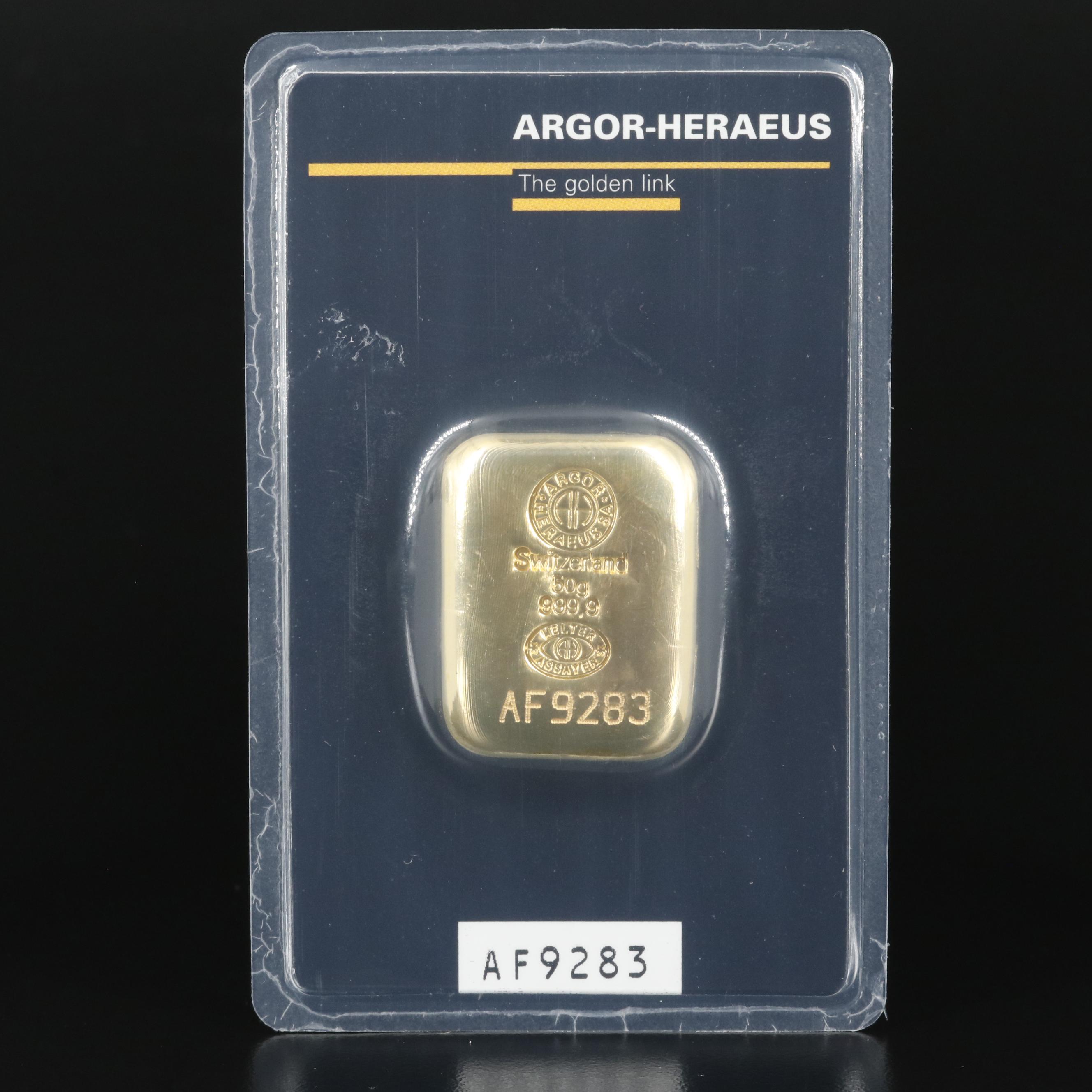 Argor-Heraeus Fifty Grams .9999 Fine Gold Bar | EBTH