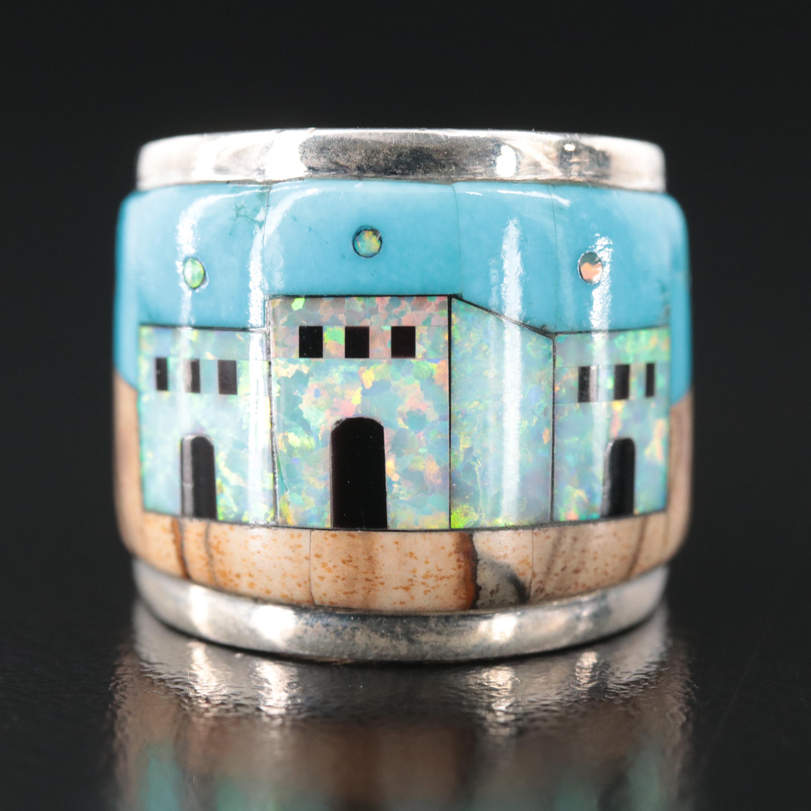 Southwestern Sterling Turquoise, Bone and Gemstone Pueblo Inlay Ring | EBTH