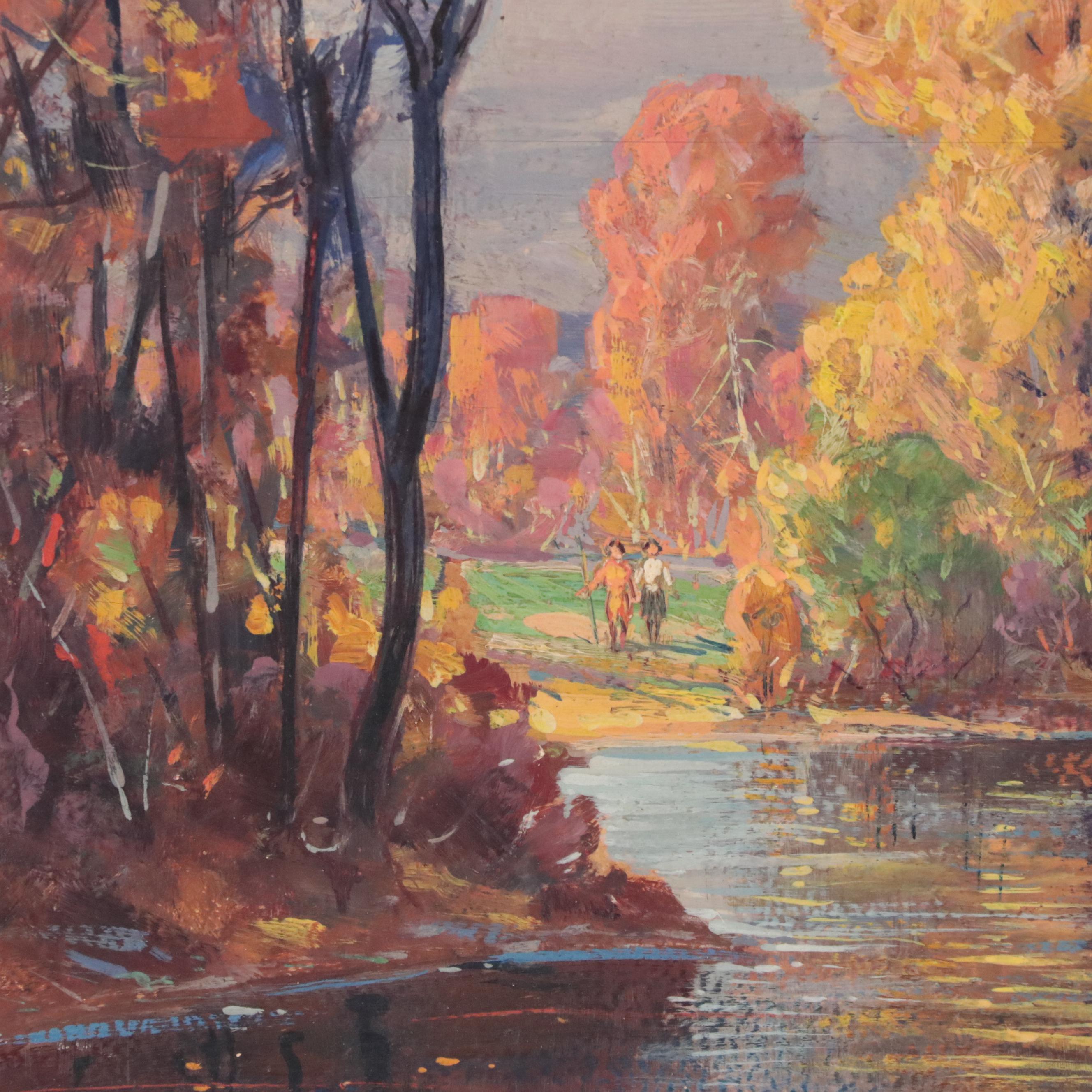 Frederick Lamb Oil Painting of Autumnal River Landscape with Figures | EBTH