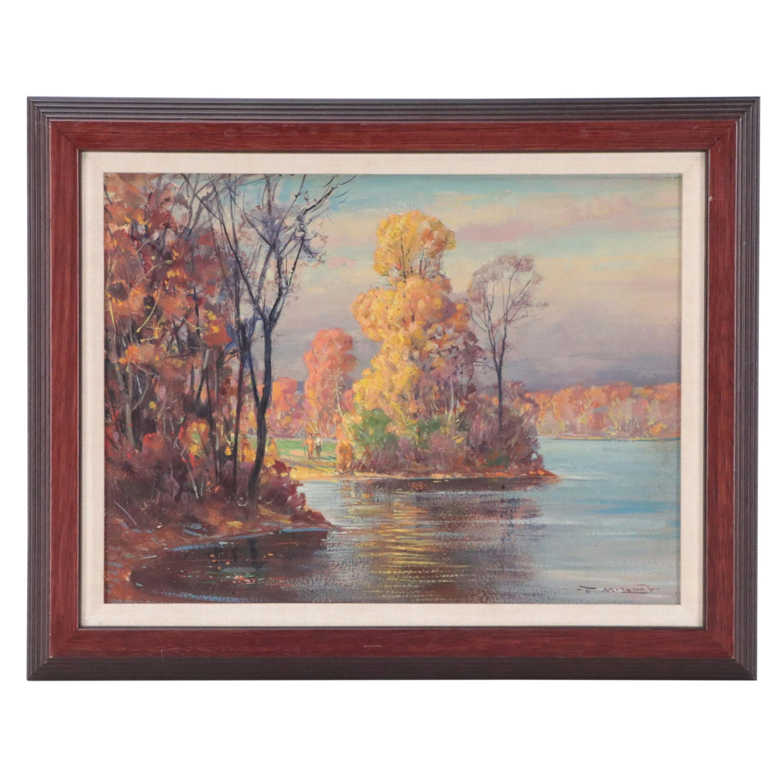 Frederick Lamb Oil Painting of Autumnal River Landscape with Figures | EBTH