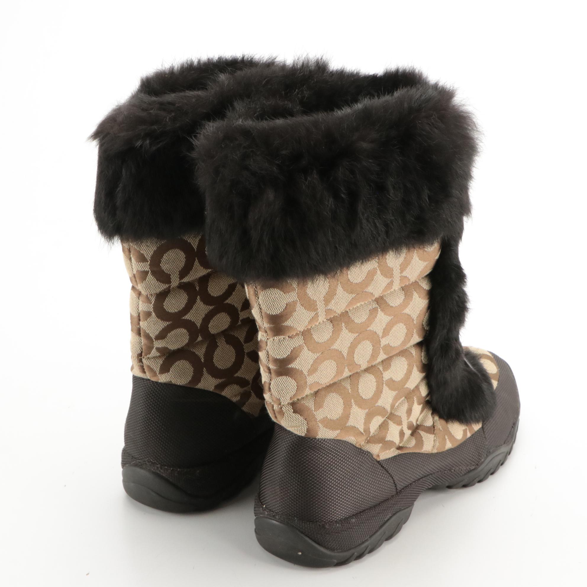 Coach Jennie Winter Boots in Brown Signature C Jacquard and Rabbit Fur ...