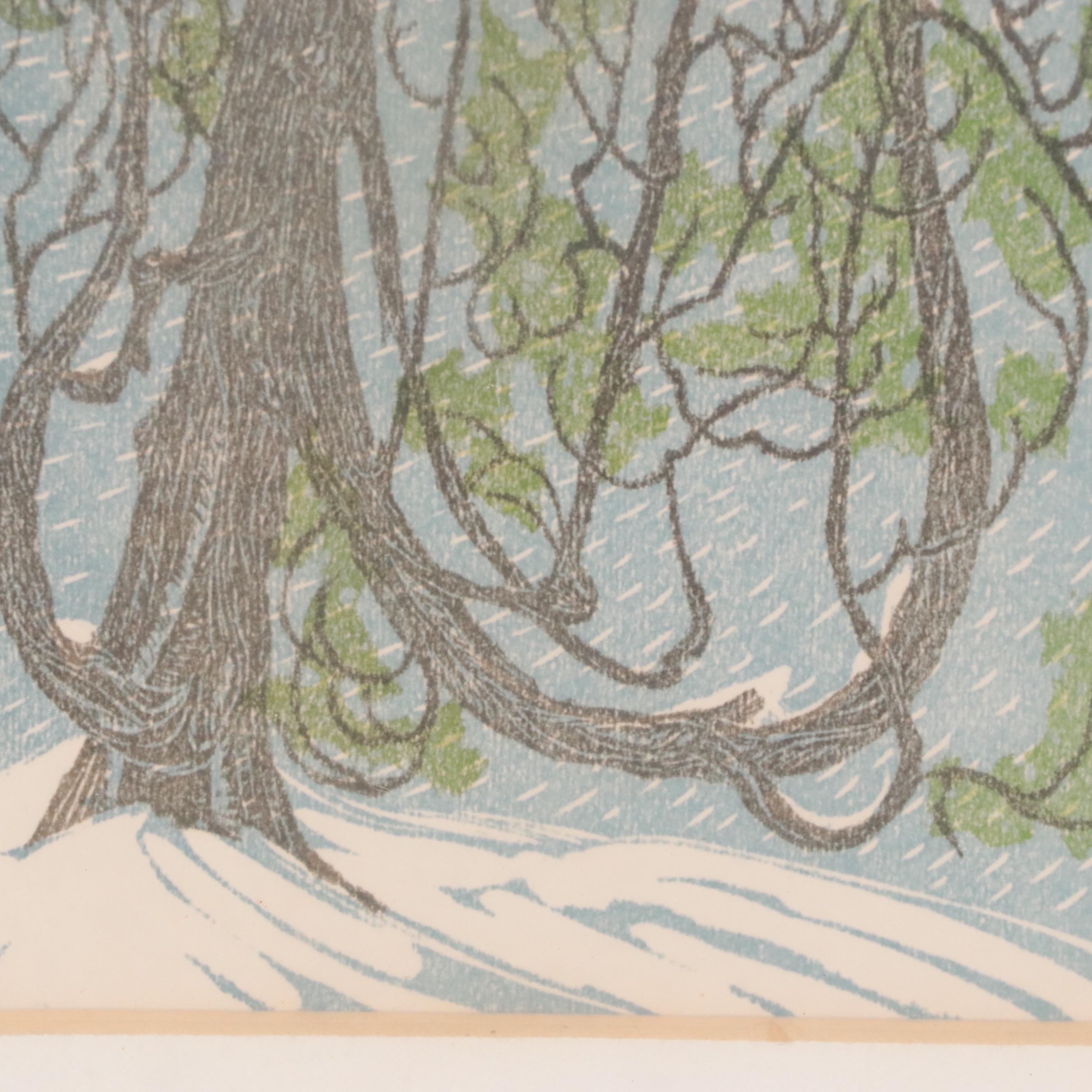 Gwen Frostic Woodcut of Abstract Landscape with Tree | EBTH