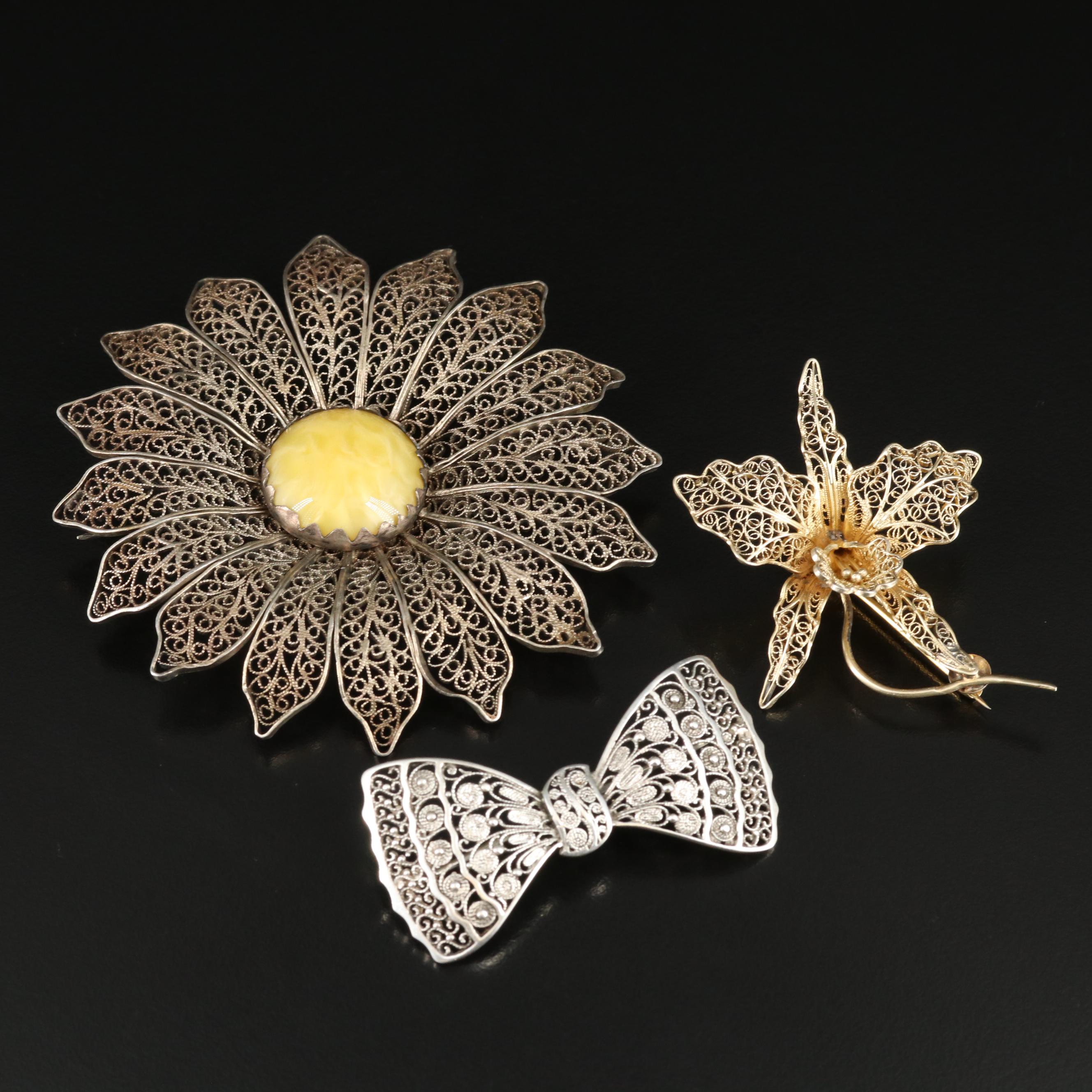 1930s Sterling Daisy with Art Glass Featured in Filigree Brooches ...