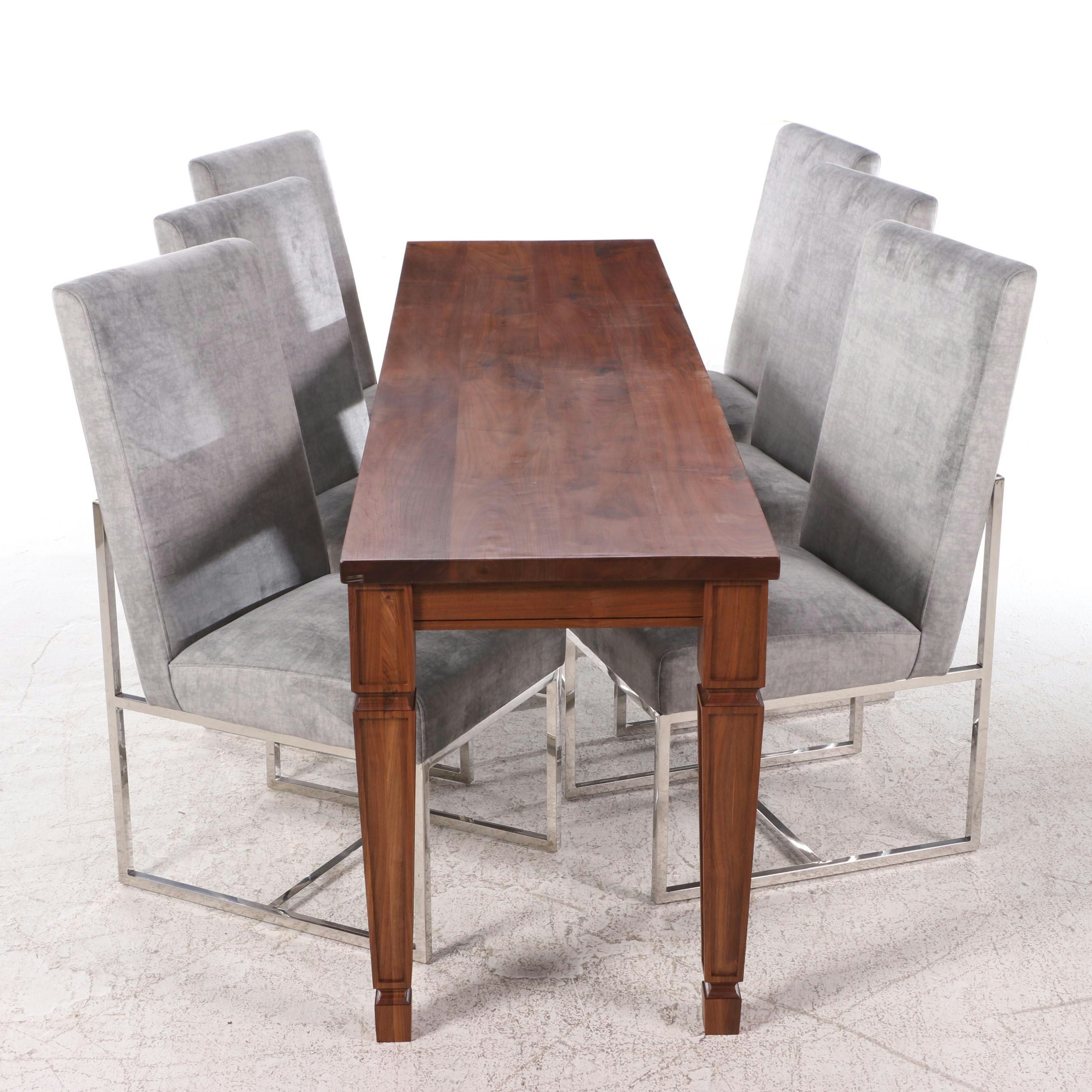 Italian Contemporary Walnut "T" Table and Six Manhattan Comfort Dining ...