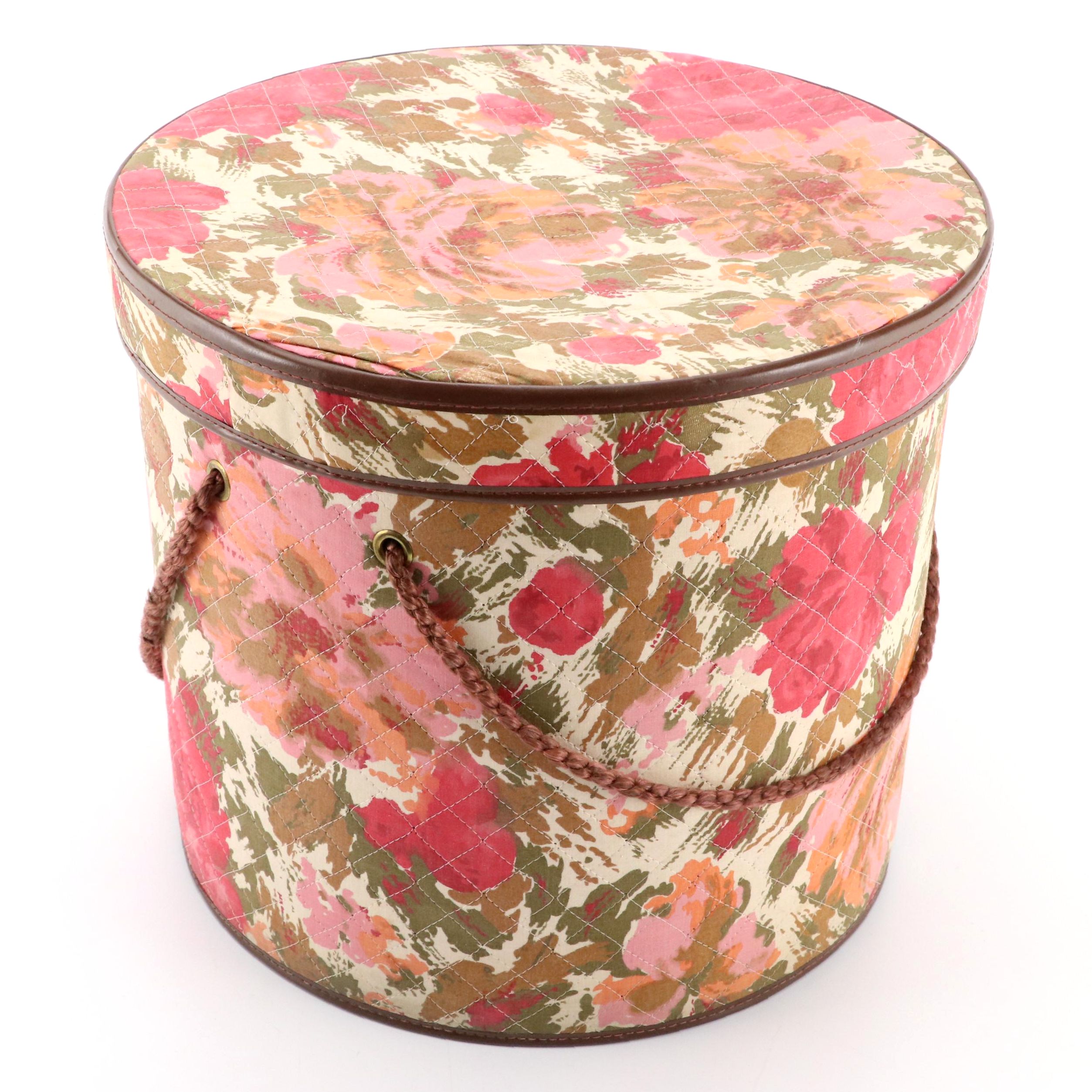 Quilted Floral Canvas with Leather Trim Decorative Hat Box | EBTH