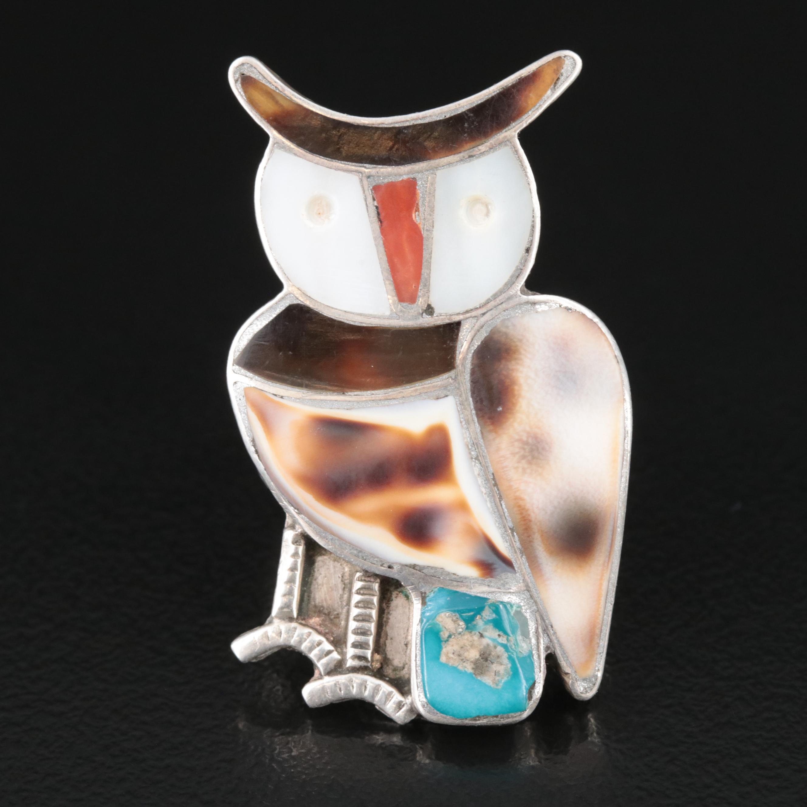 Sterling Mother-of-Pearl, Spiny Oyster and Turquoise Owl Inlay Ring | EBTH