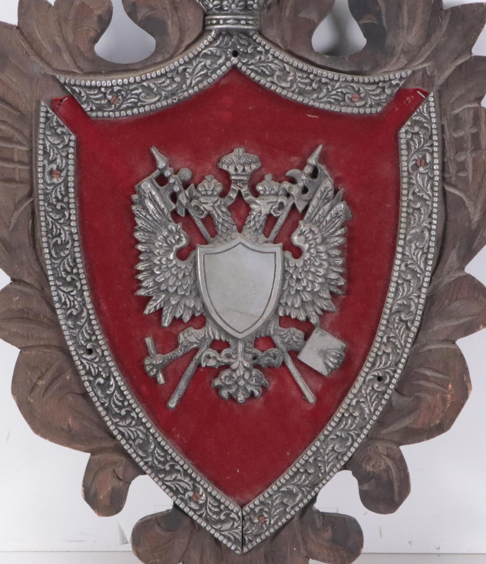 Heraldic Carved Wood and Metal Shield with Double-Headed Eagle ...