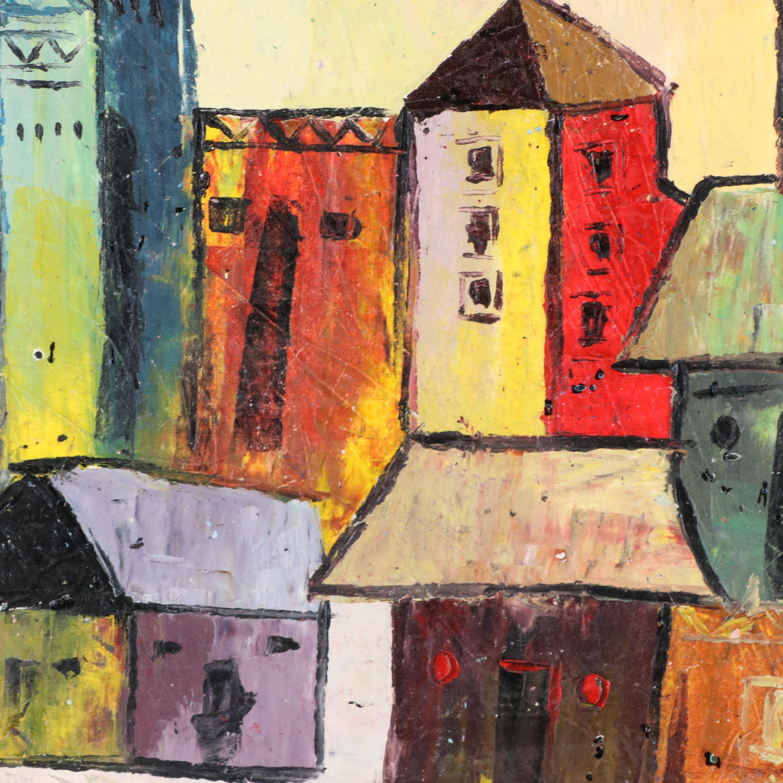 Bayo Ogundele Stylized Architectural Mixed Media Painting "City," 2009 ...