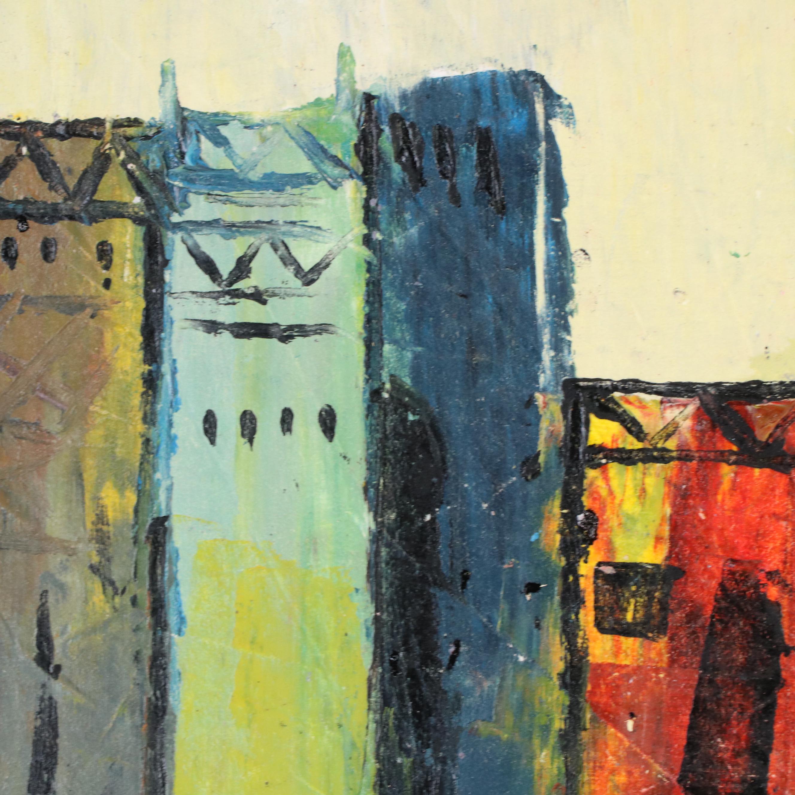 Bayo Ogundele Stylized Architectural Mixed Media Painting "City," 2009 ...
