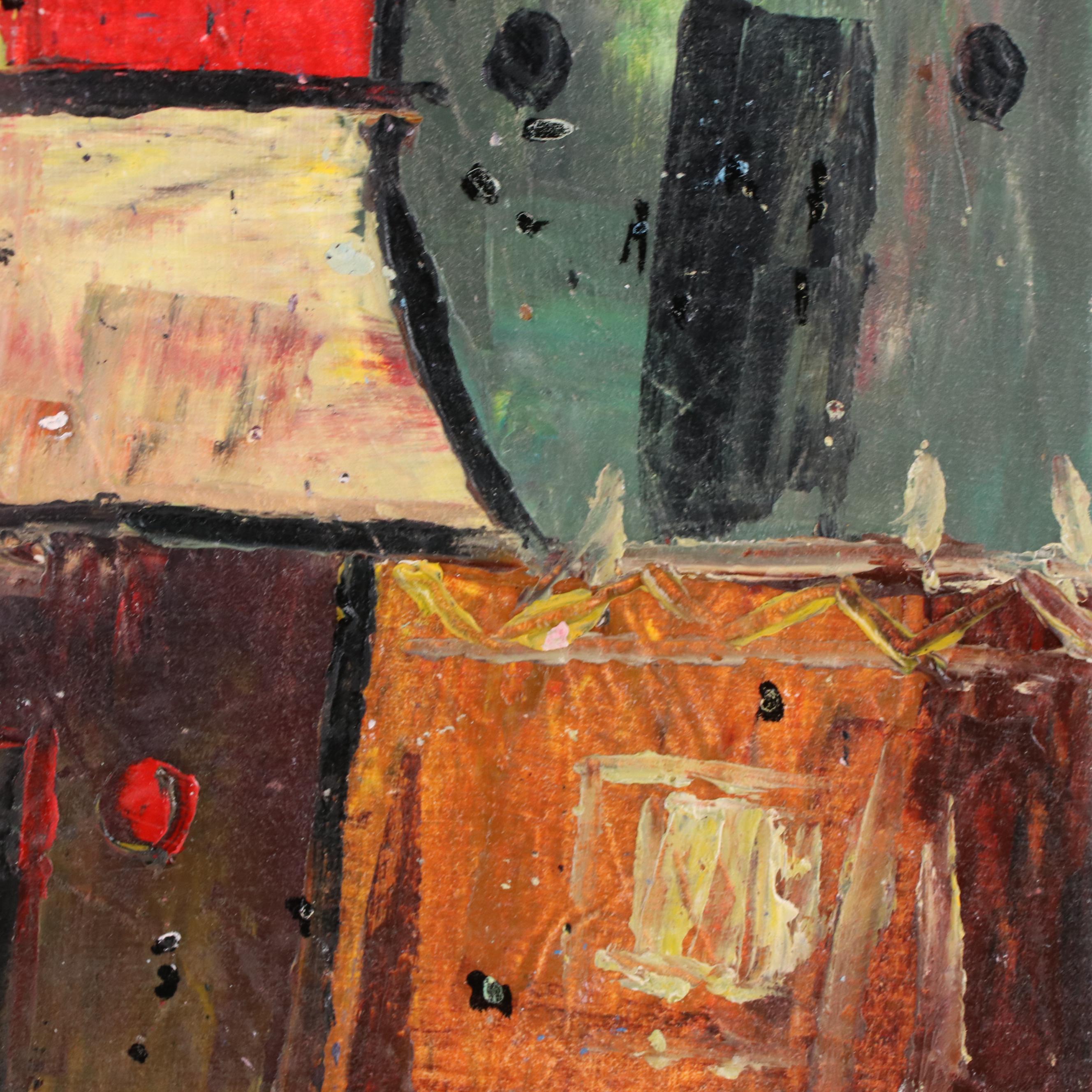 Bayo Ogundele Stylized Architectural Mixed Media Painting "City," 2009 ...