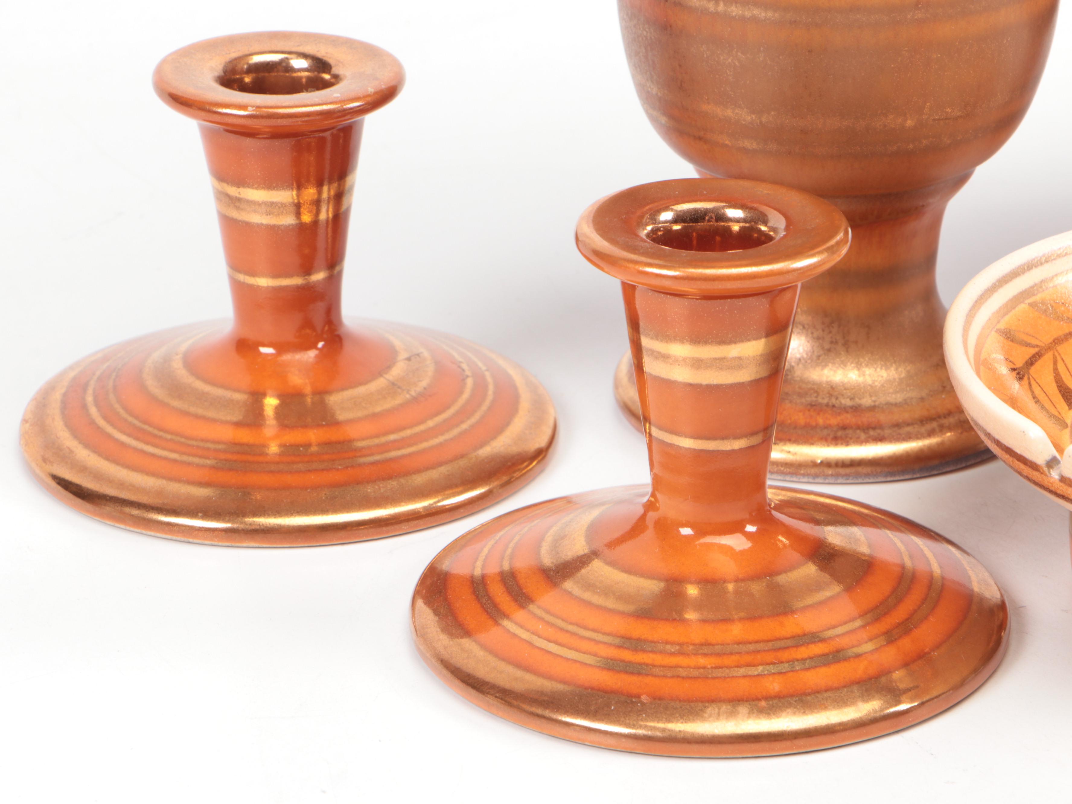 Vee Jackson Art Pottery Gilt Ceramic Lidded Dishes, Ashtray, and Candle Holders | EBTH