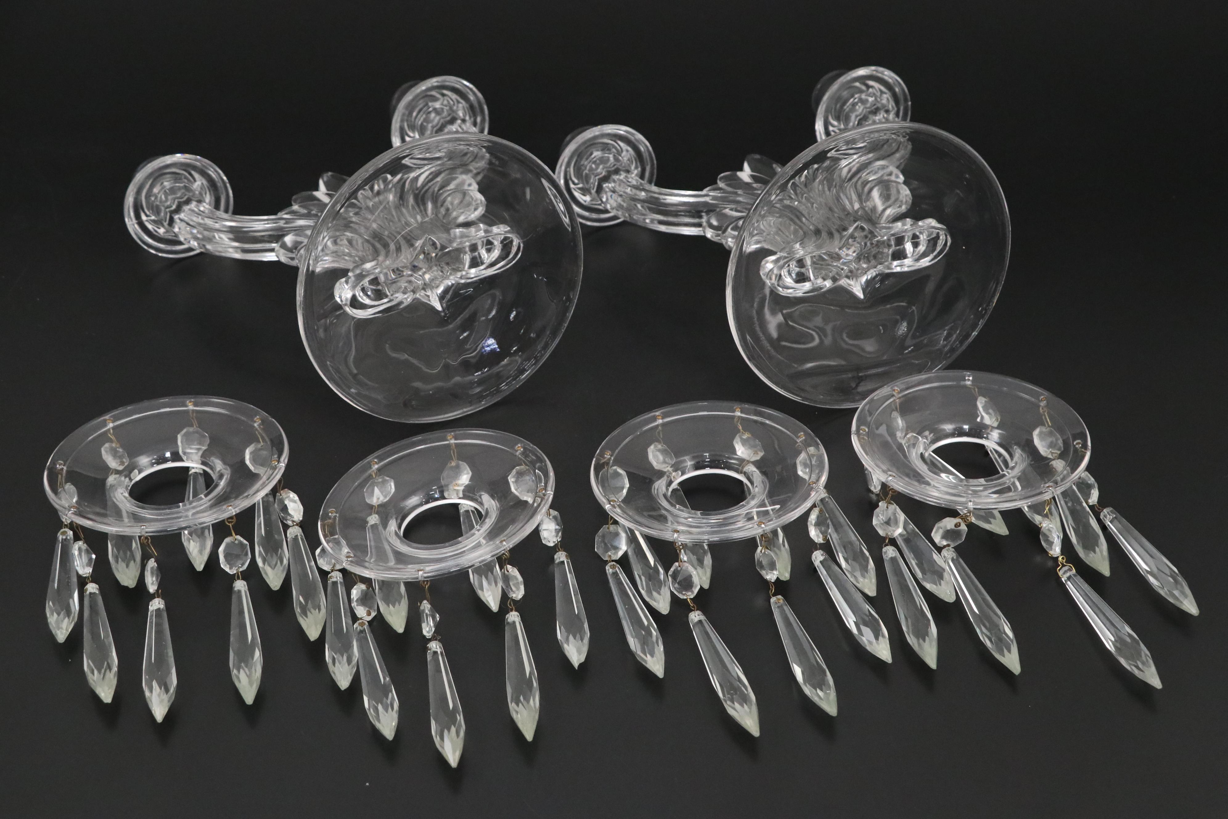 Fostoria Glass Dual Light Candelabra with Bobeches and Hanging Prisms ...