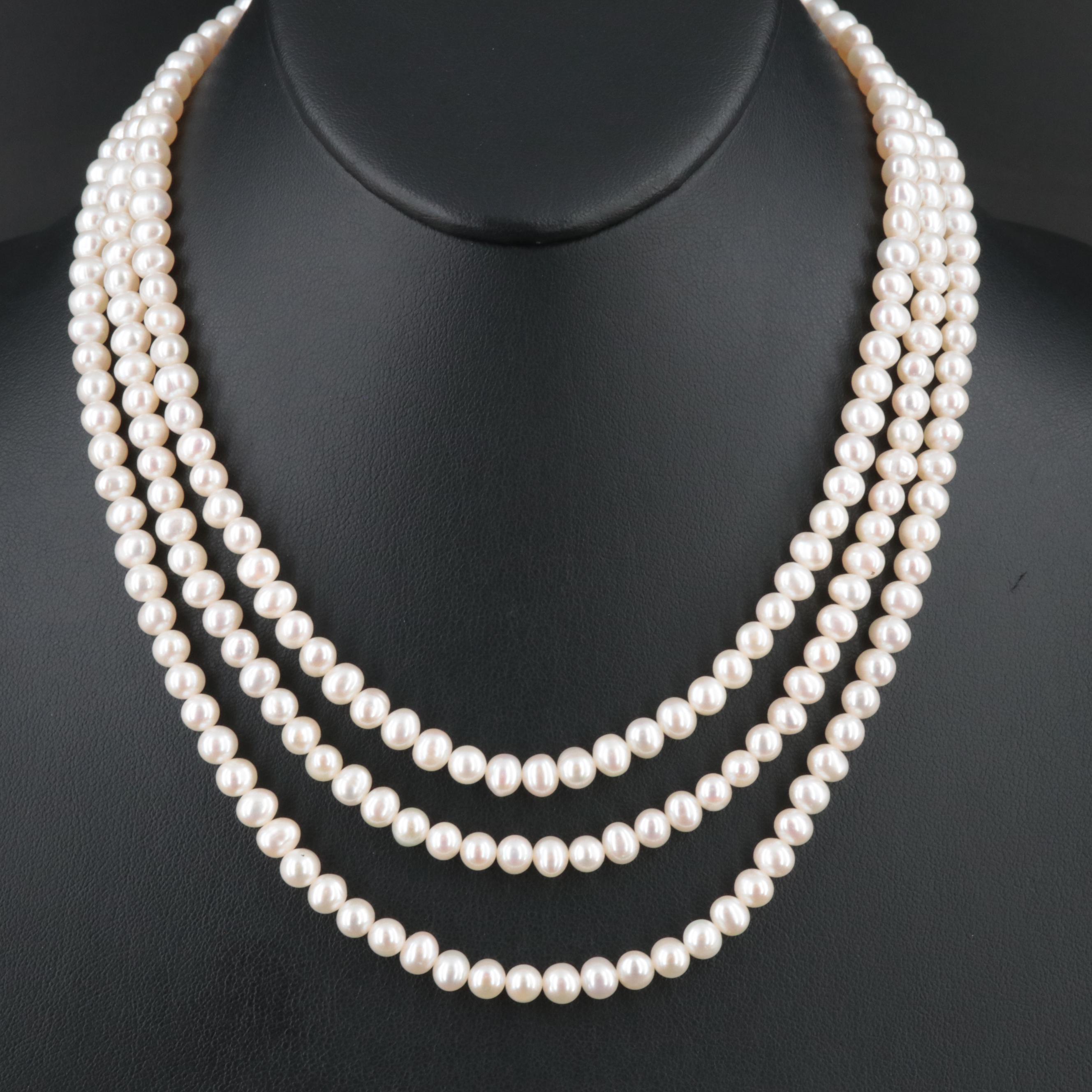 Tiered Triple Strand Pearl Necklace with 14K Clasp | EBTH