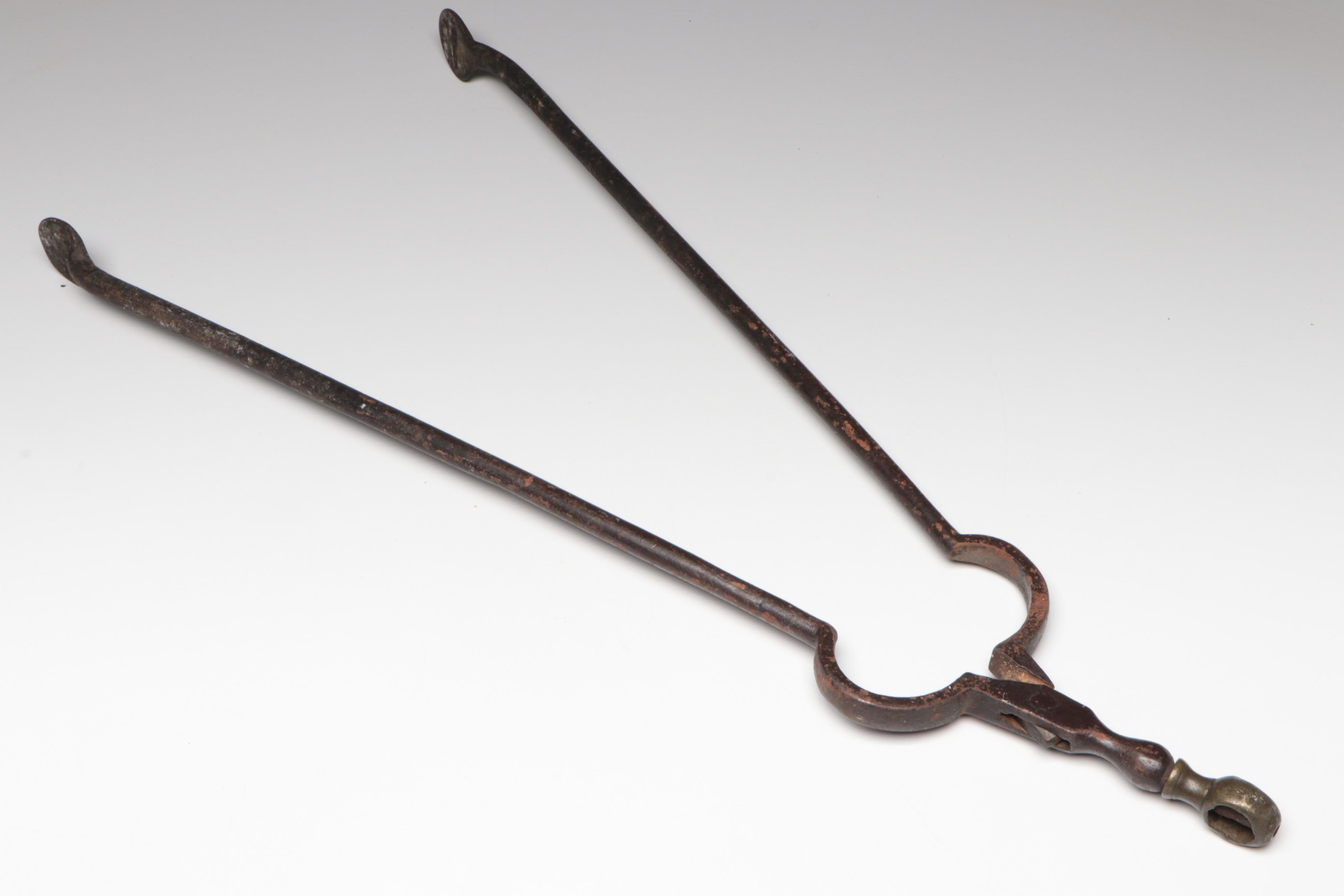 American Colonial Fireplace Tongs, Redware Jug, Candlestick and Oil ...