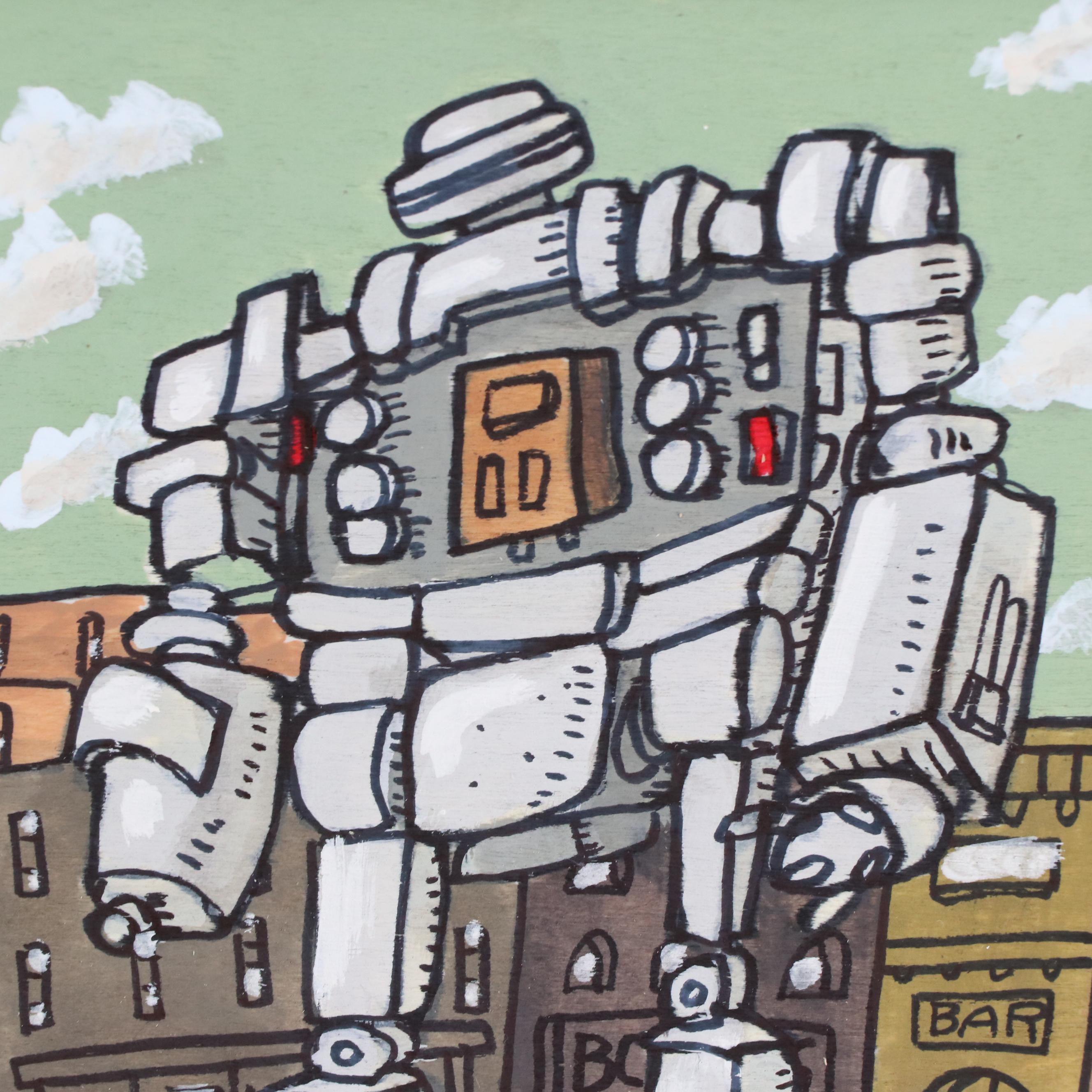 Aaron Wooten Stylized Surrealist Acrylic Painting "Robotic Alien Attack ...