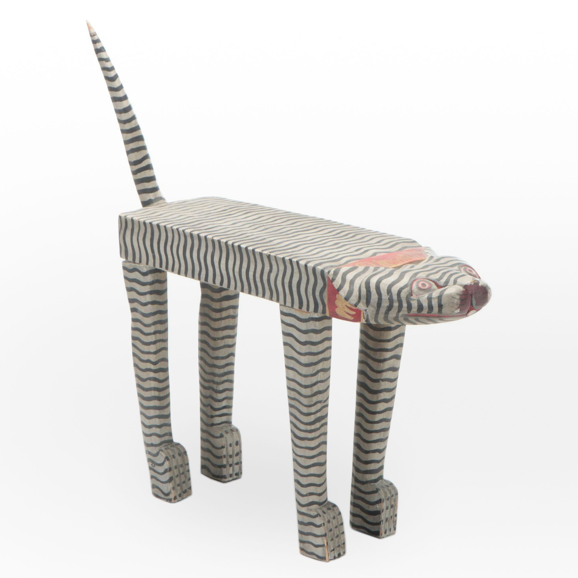 Indonesian Carved and Painted Cat Bench | Everything But The House