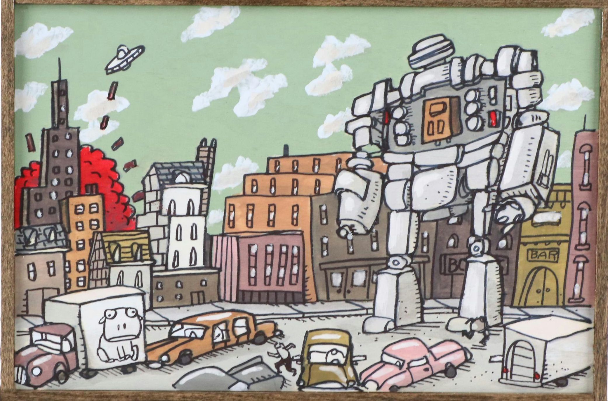 Aaron Wooten Stylized Surrealist Acrylic Painting "Robotic Alien Attack ...