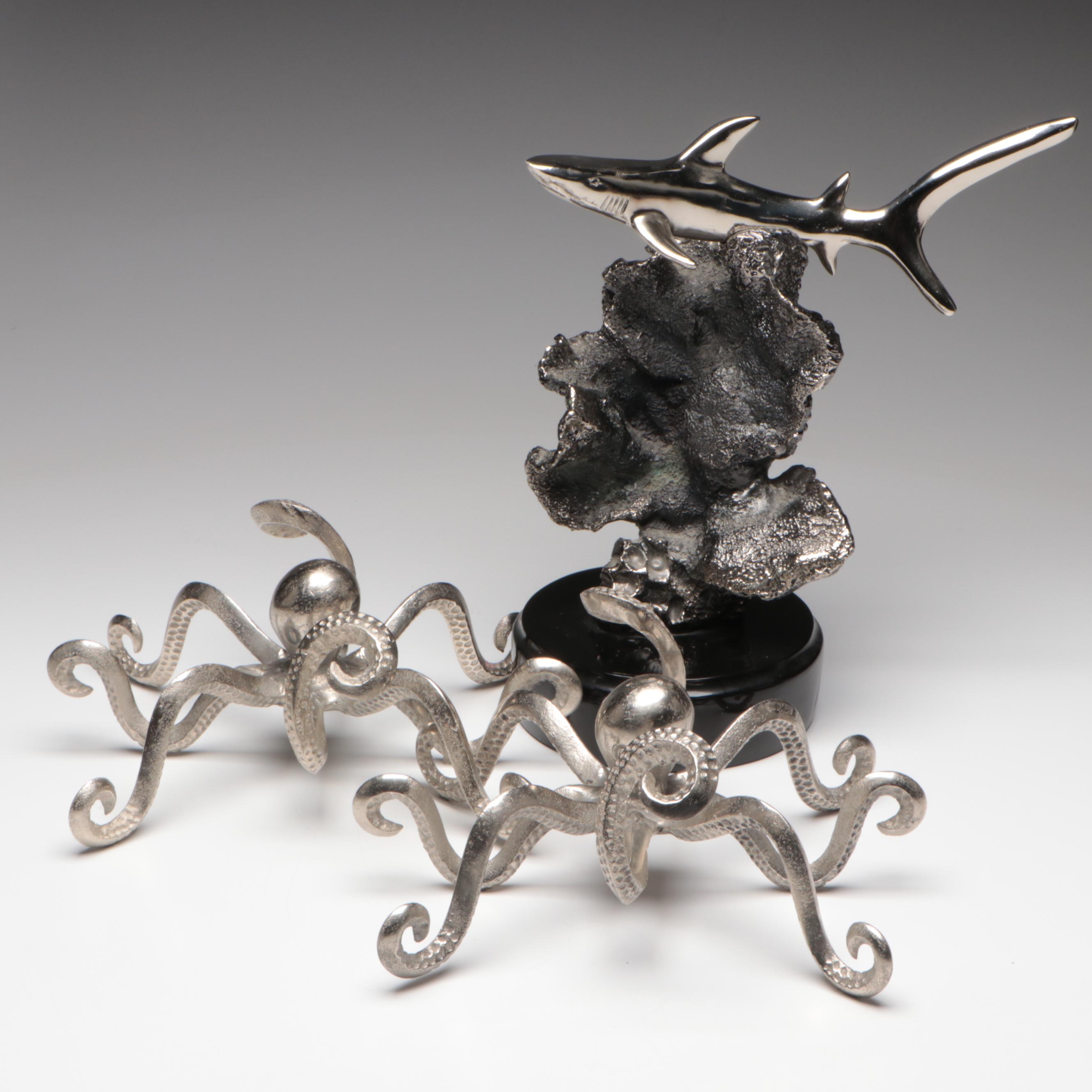 Donjo Signed Metal Coral With Thresher Shark Sculpture and Pair of ...
