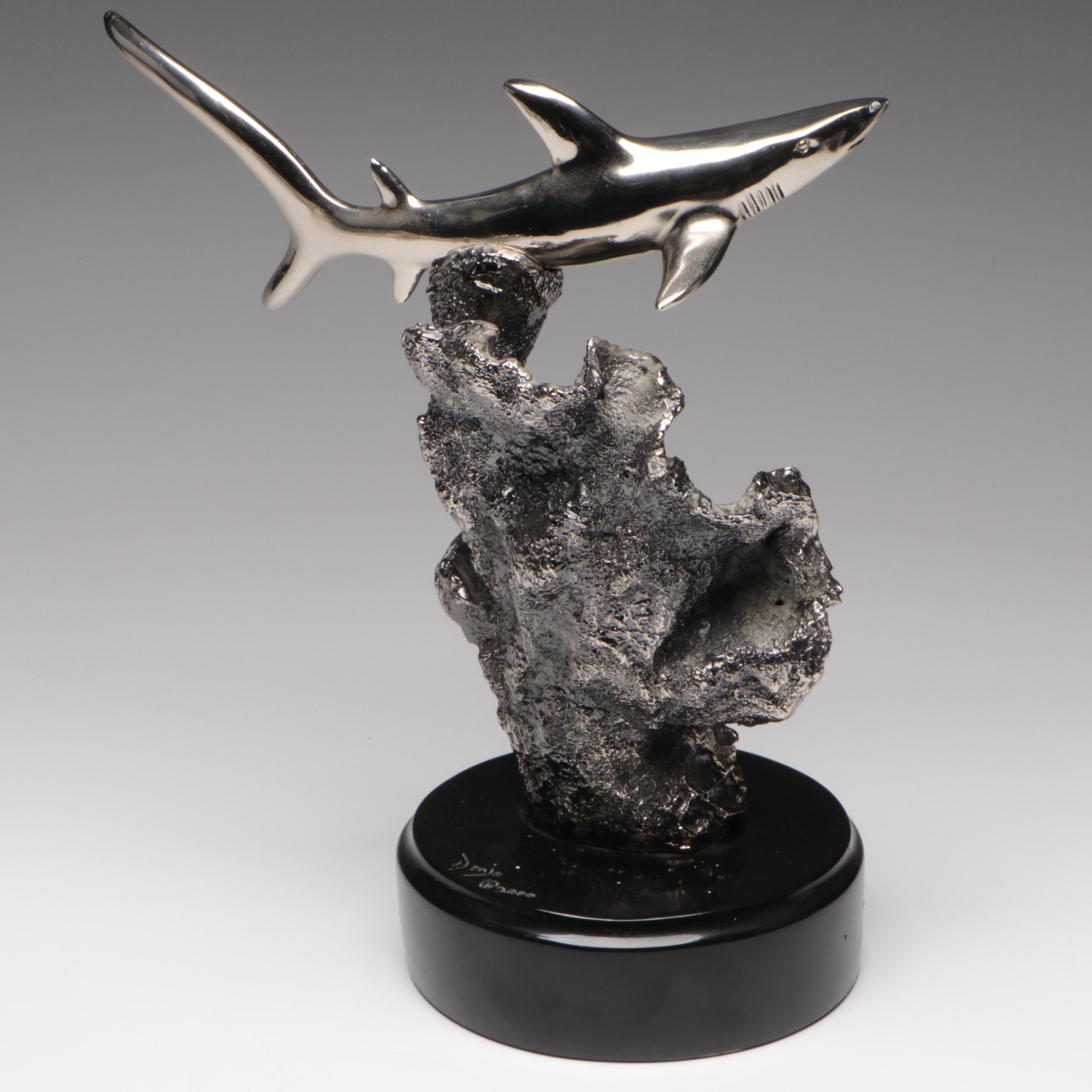 Donjo Signed Metal Coral With Thresher Shark Sculpture and Pair of ...