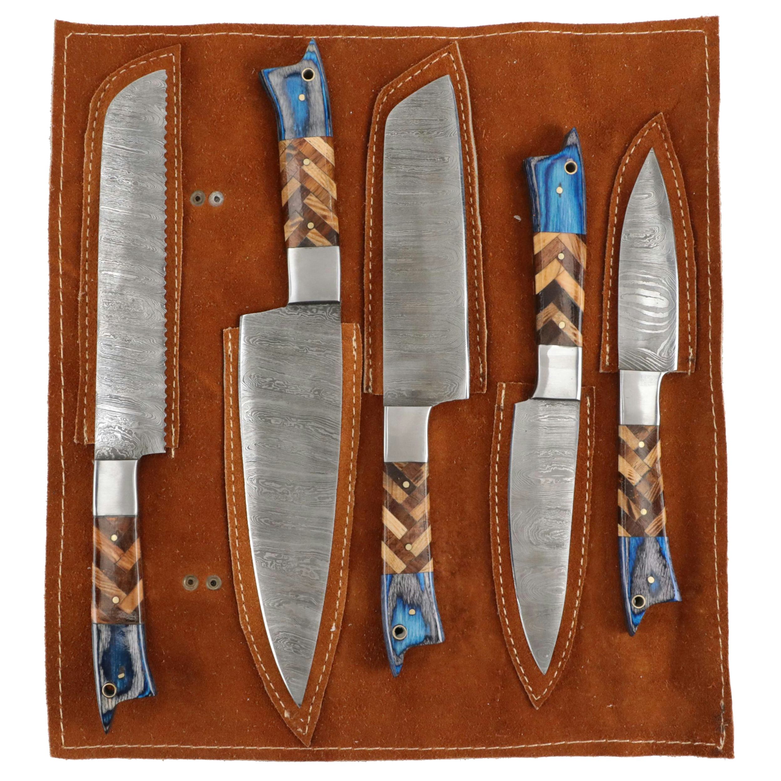 Damascus Steel Bladed Kitchen Knife Set with Wood and Resin Handles | EBTH